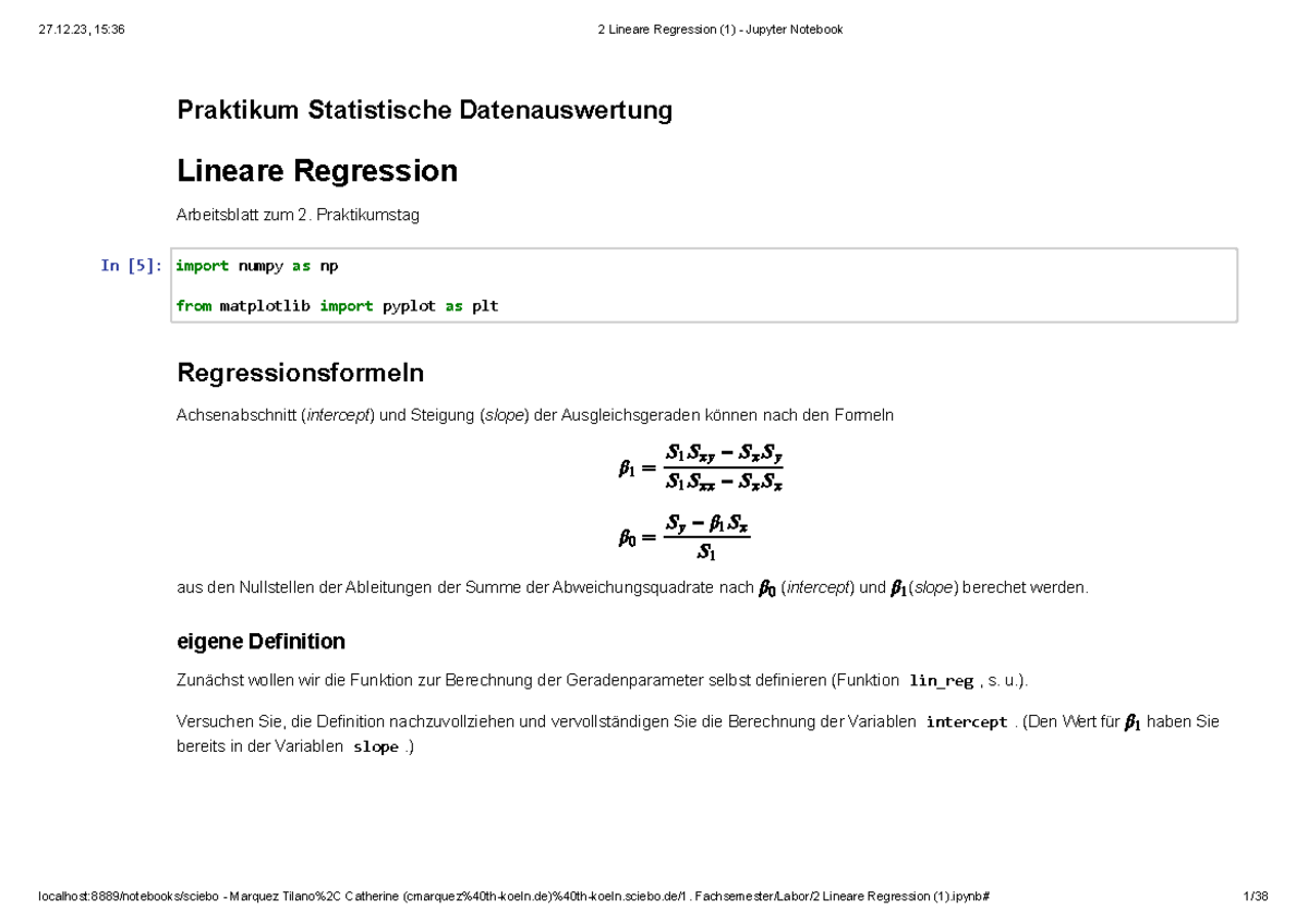 2 Lineare Regression (1) - Jupyter Notebook pdf - Praktikum Statistische Datenauswertung Lineare ...