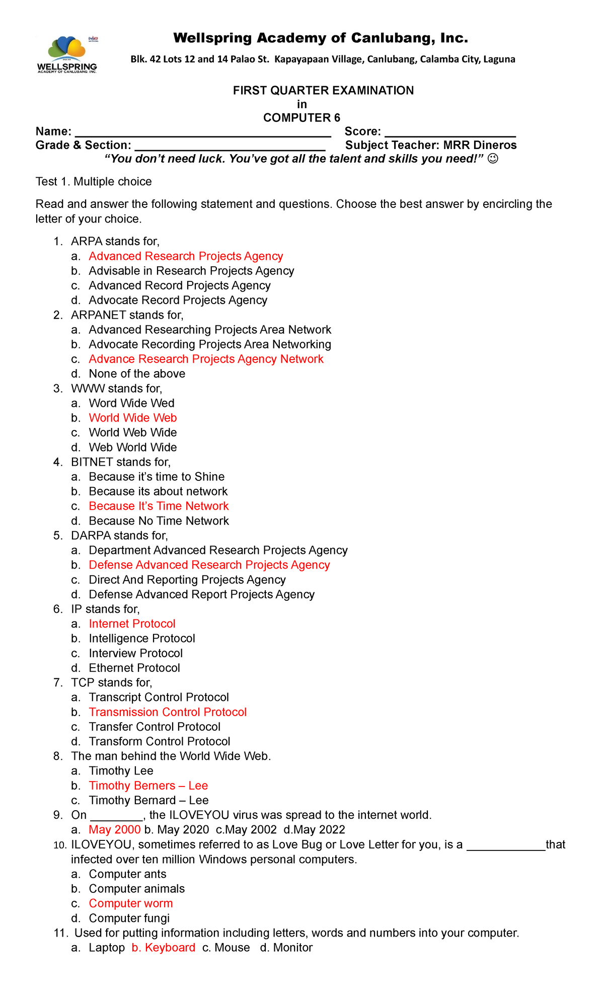 Computer 6 - KTC - exams - FIRST QUARTER EXAMINATION in COMPUTER 6 Name ...