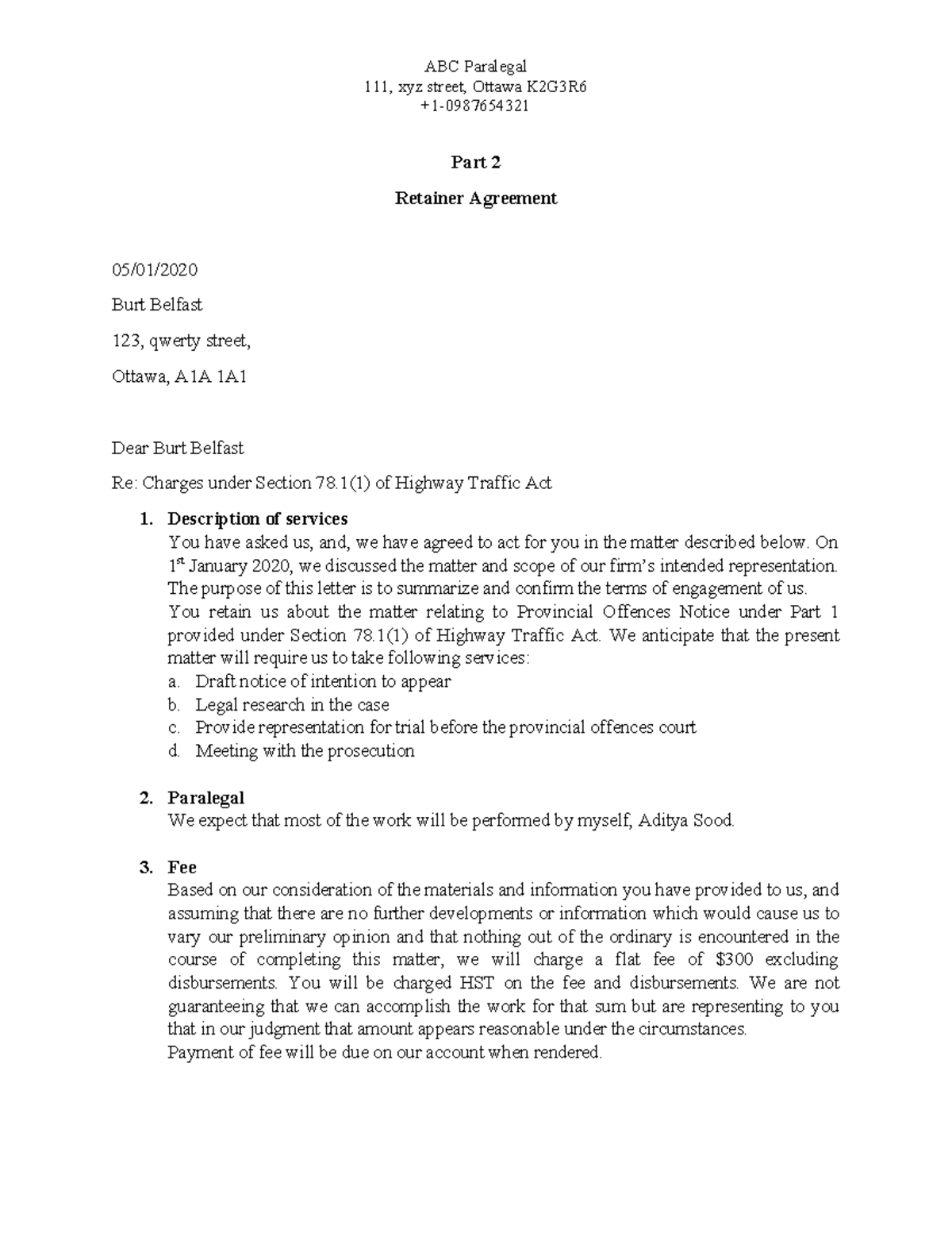 Assignment 1 - Sample Retainer agreement - ABC Paralegal 111, xyz ...