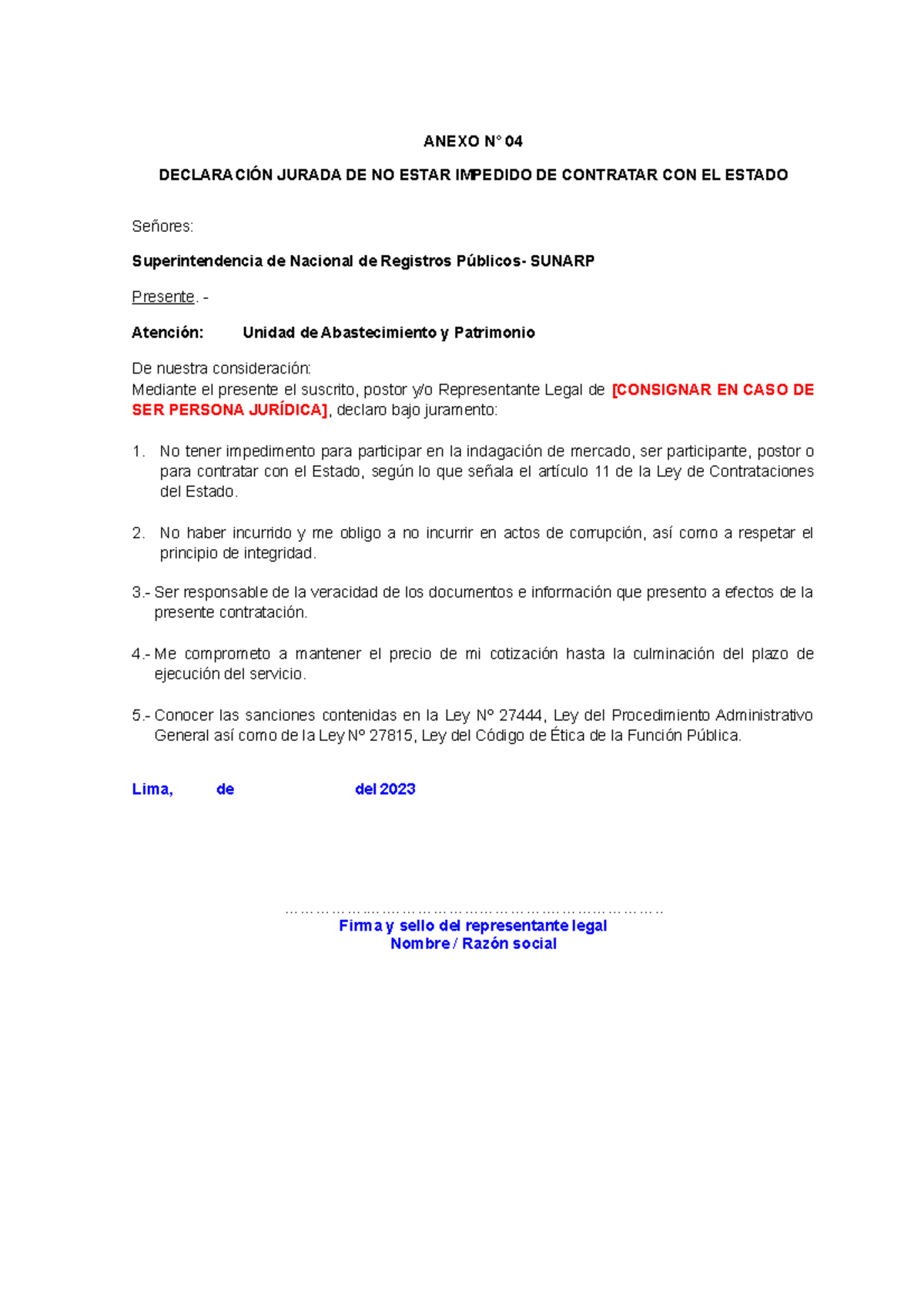 Anexo N 4 DJ - DASDASDA - ANEXO N° 04 DECLARACIÓN JURADA DE NO ESTAR IMPEDIDO DE CONTRATAR CON ...