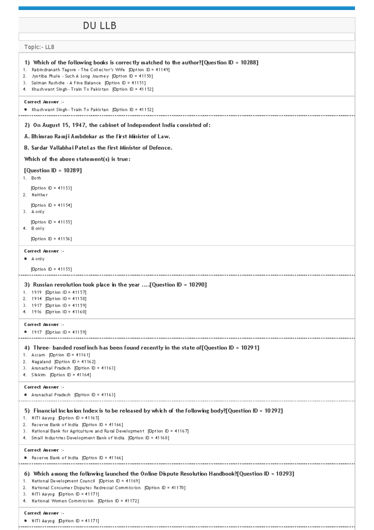 DU LLB 2021 Paper - Yes - 1) 2) 3) 4) 5) 6) DU LLB Topic:‐ LLB Which of ...