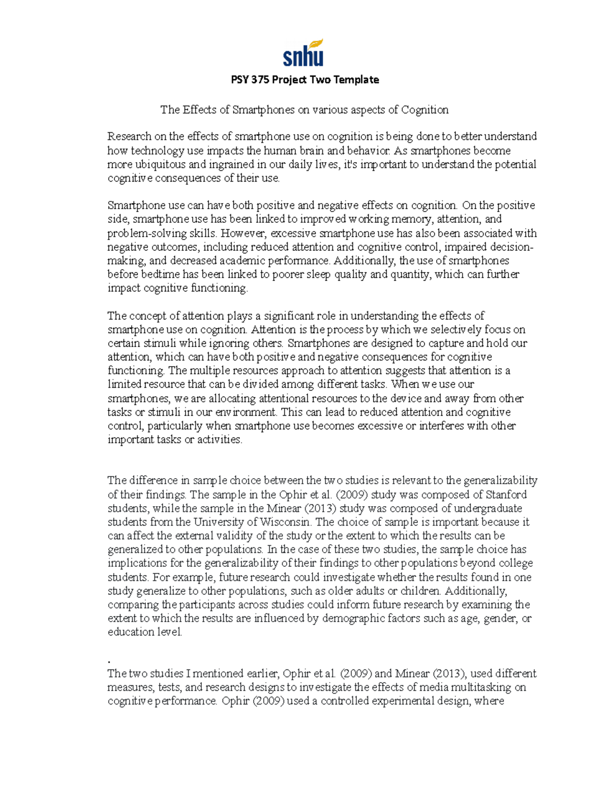 PSY 375 Project Two - PSY 375 Project Two Template The Effects of Smartphones on various aspects ...