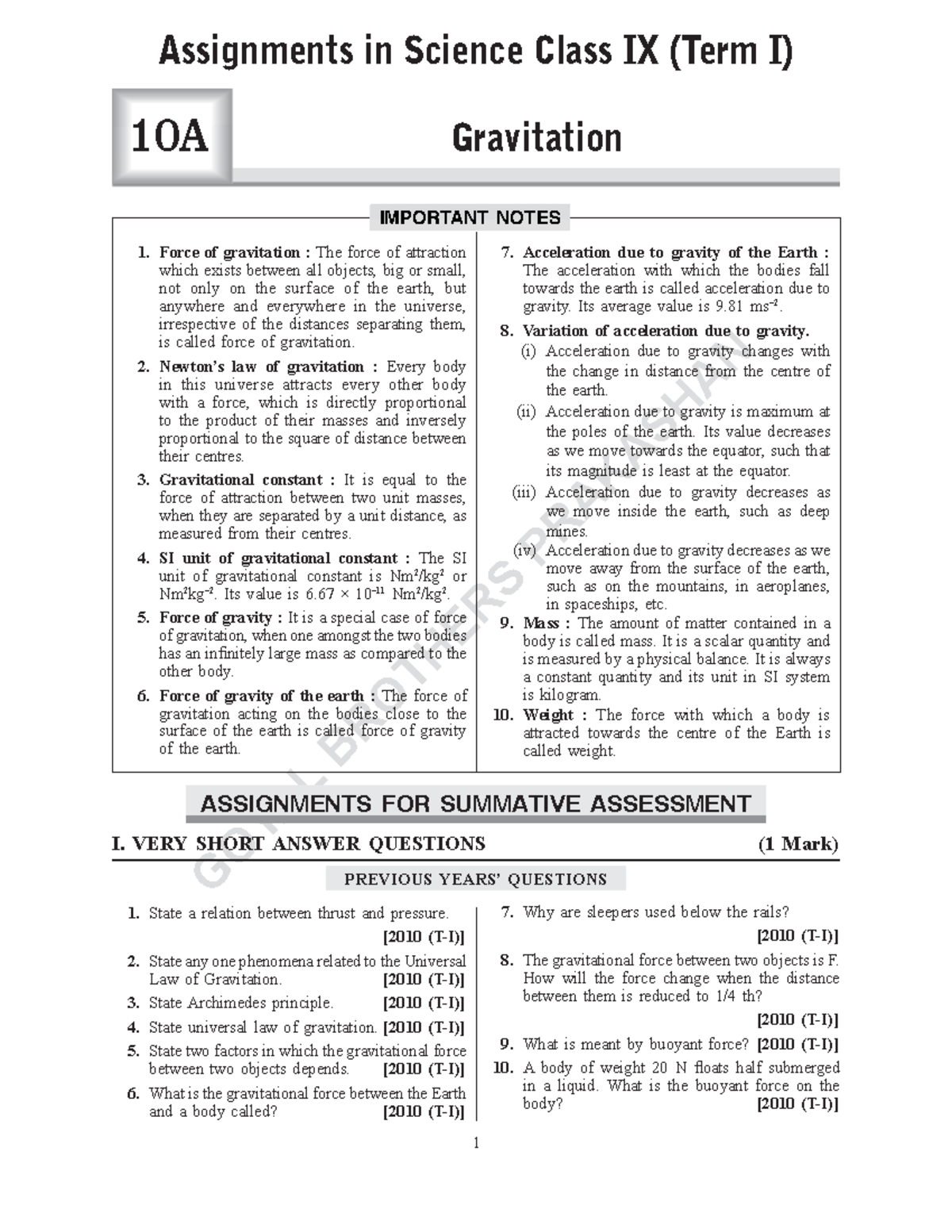 9graviscience - Worksheet - 1 GOYAL BROTHERS PRAKASHAN Assignments in Science Class IX (Term I ...