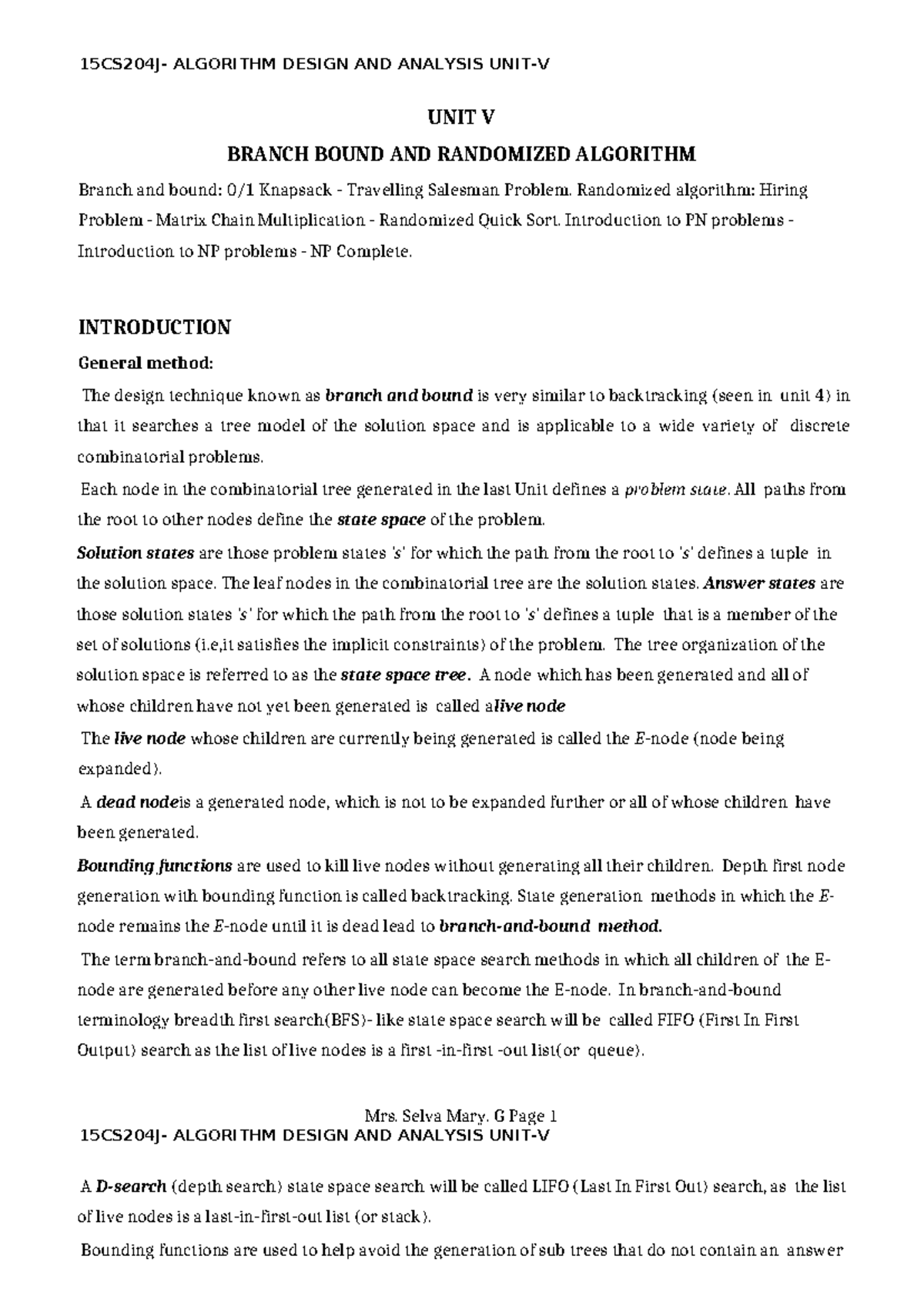 Unit V Notes - 15CS204J- ALGORITHM DESIGN AND ANALYSIS UNIT-V UNIT V ...