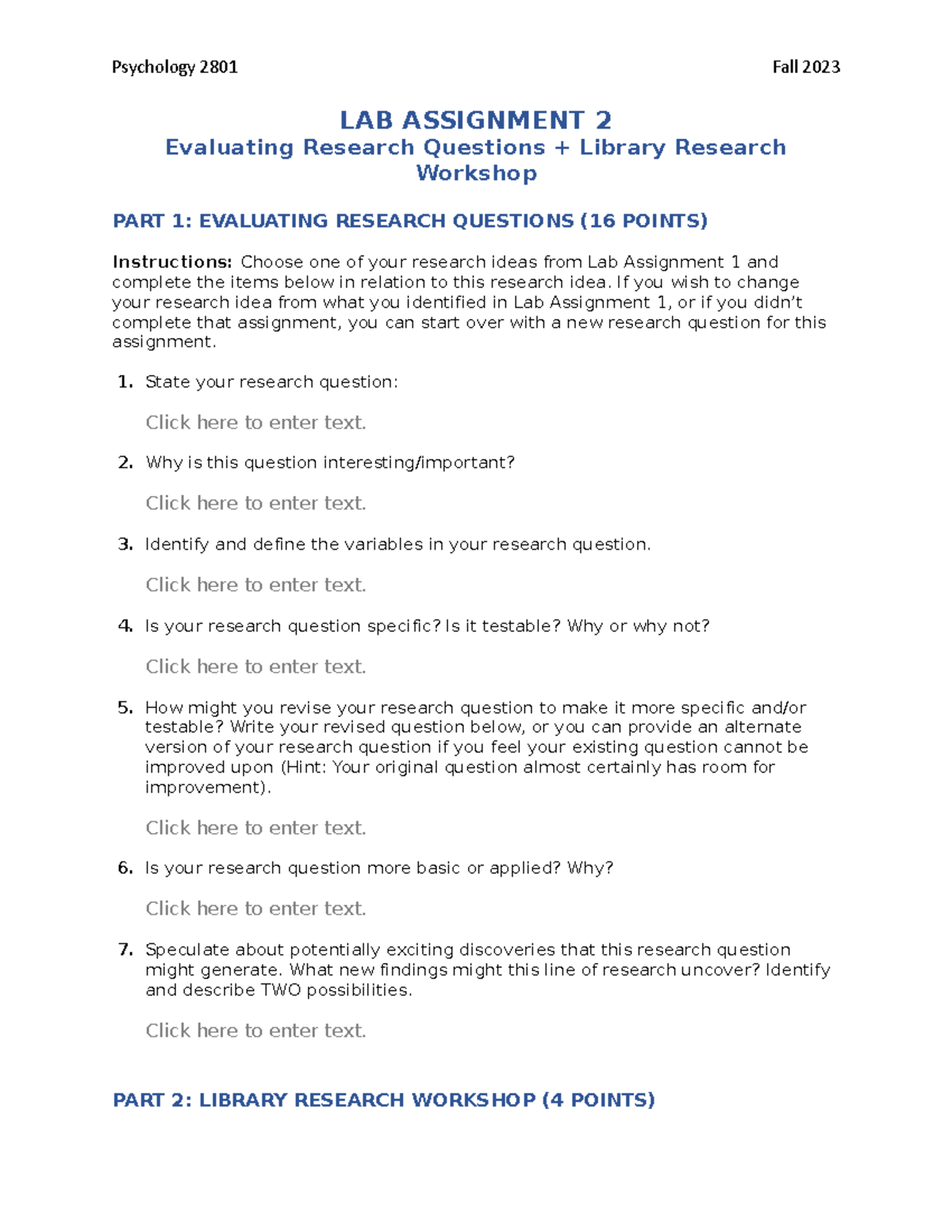 2801 Lab Assignment 2 Fall 2023 - Psychology 2801 Fall 2023 LAB ASSIGNMENT 2 Evaluating Research ...