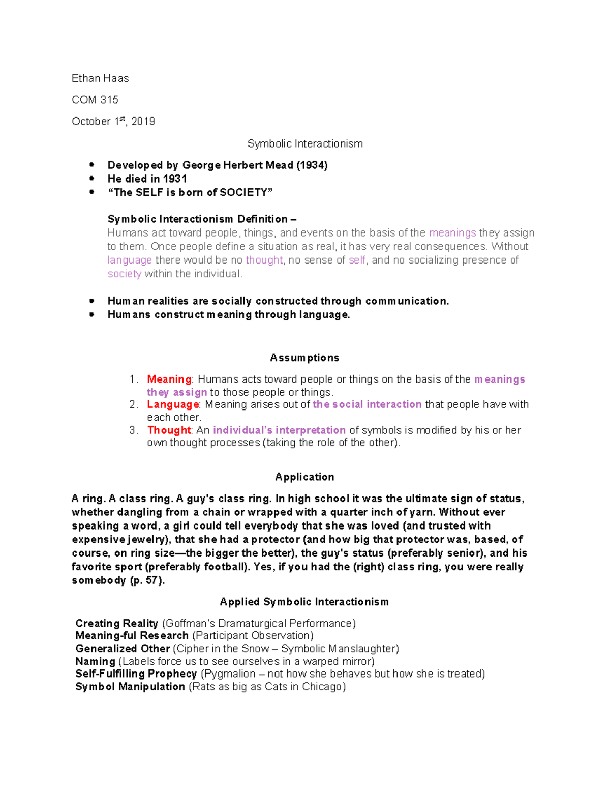 Symbolic Interactionism notes - Ethan Haas COM 315 October 1st, 2019 ...