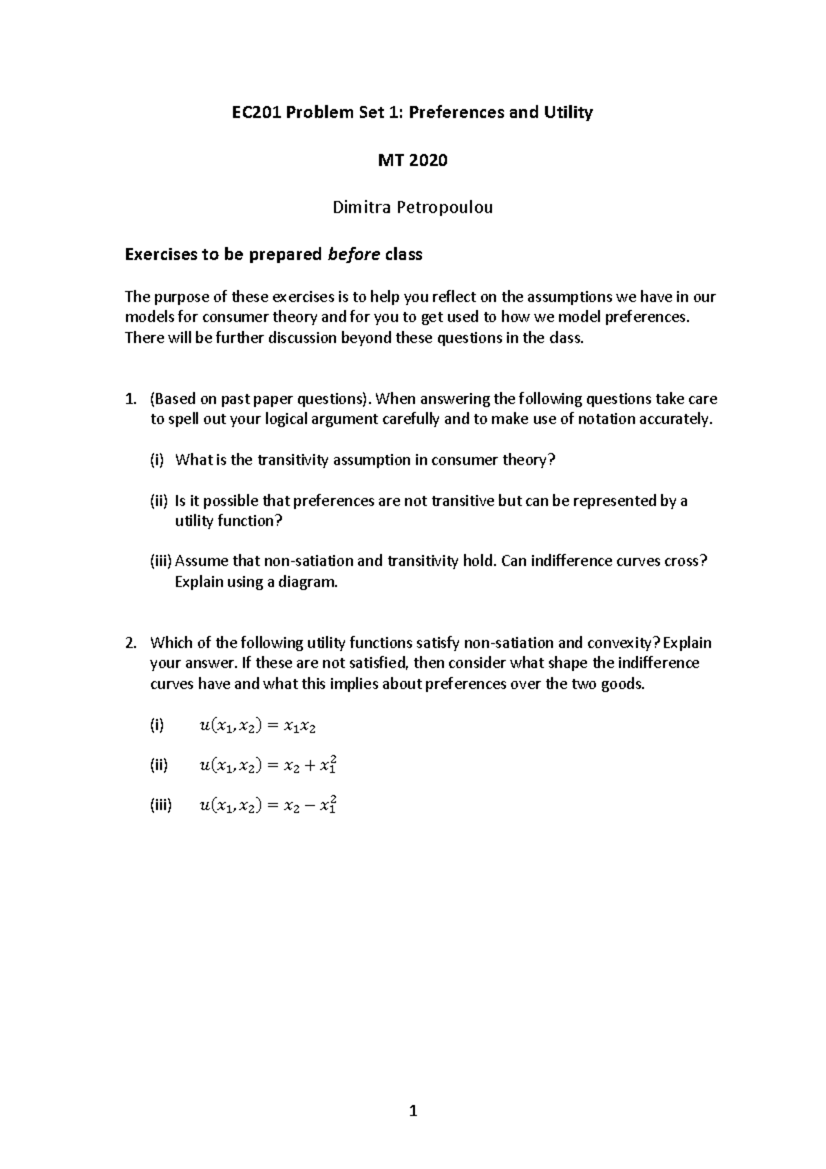 Problem Set 1 - Michaelmas Term - EC201 - London School of Economics ...
