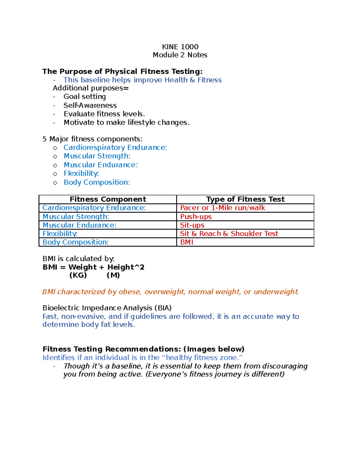 Module 2 Notes - KINE 1000 Module 2 Notes The Purpose of Physical ...