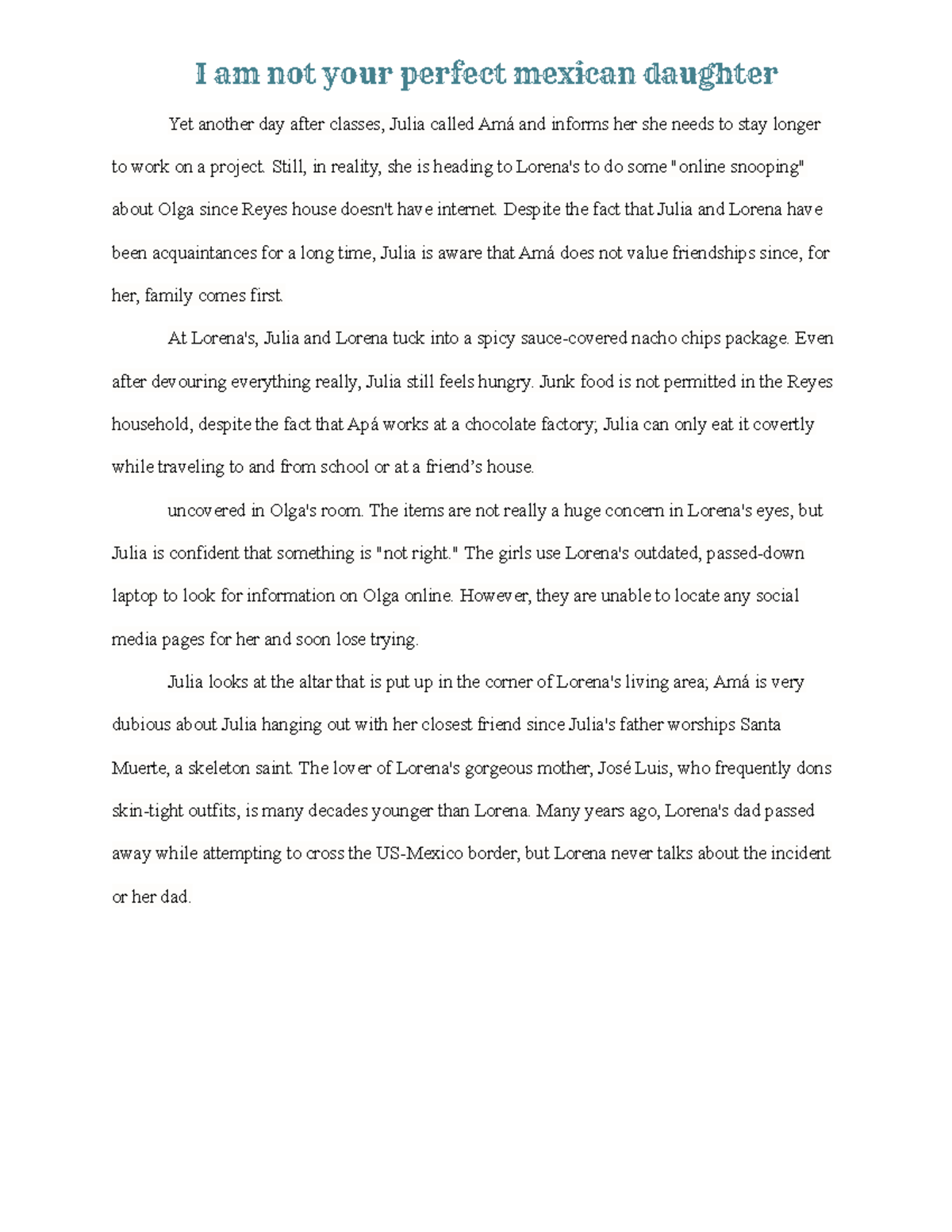 I am not your perfect mexican daughter Chapter 5 summary - I am not ...