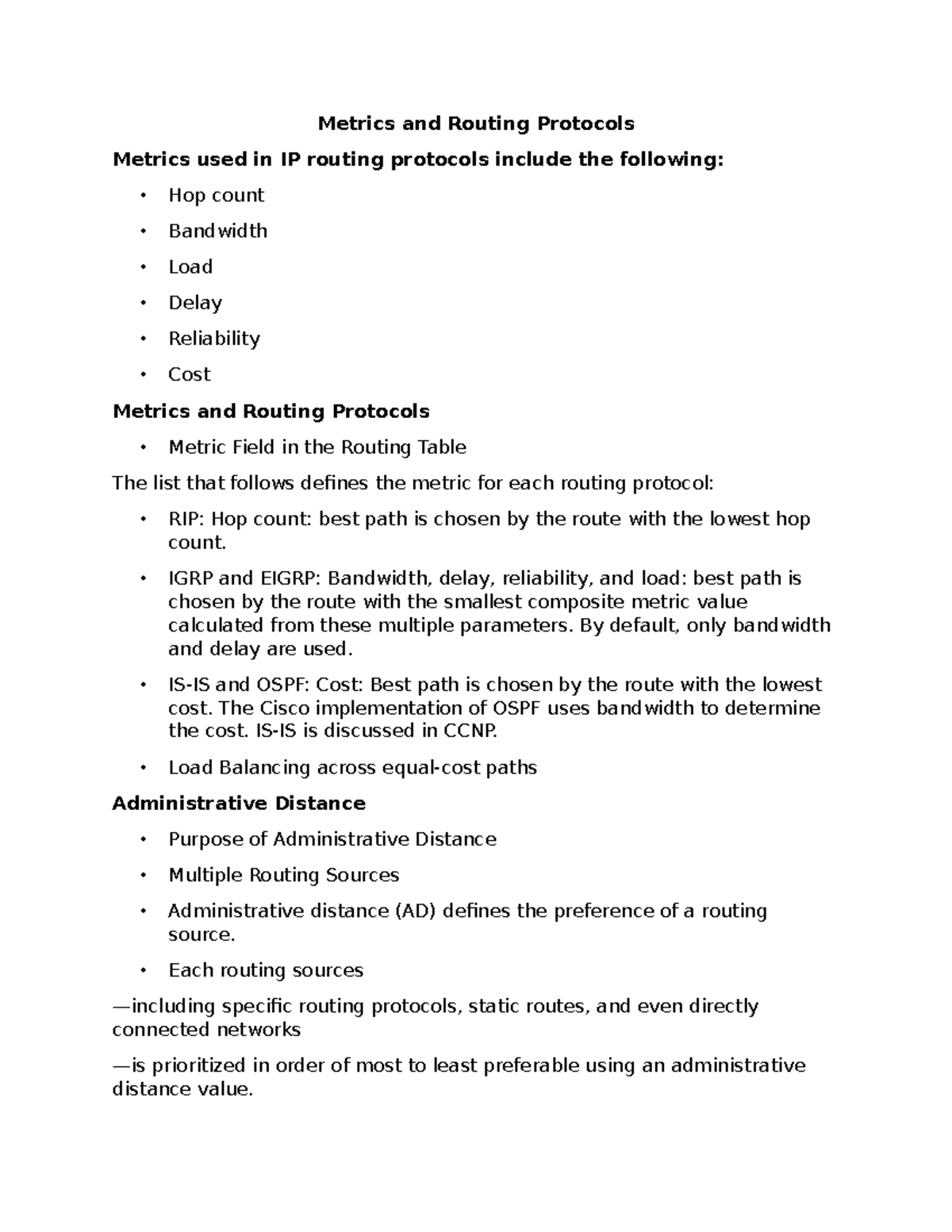 Metrics And Routing Protocols Metrics And Routing Protocols Metrics Used In Ip Routing