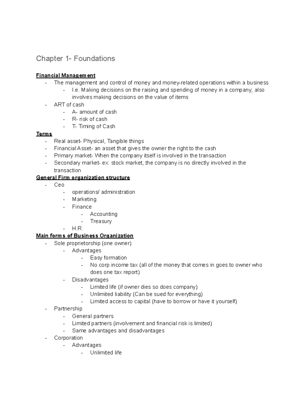 Financial Management notes - Chapter 1- Foundations Financial ...