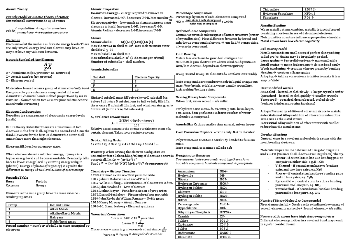 Chemistry Unit 1 Exam Notes - Atomic Theory Particle Model or Kinetic ...