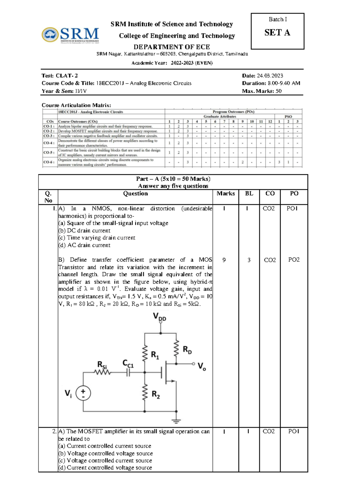 CLAT2 Solutions AEC Set A - SRM Institute of Science and Technology College of Engineering and ...