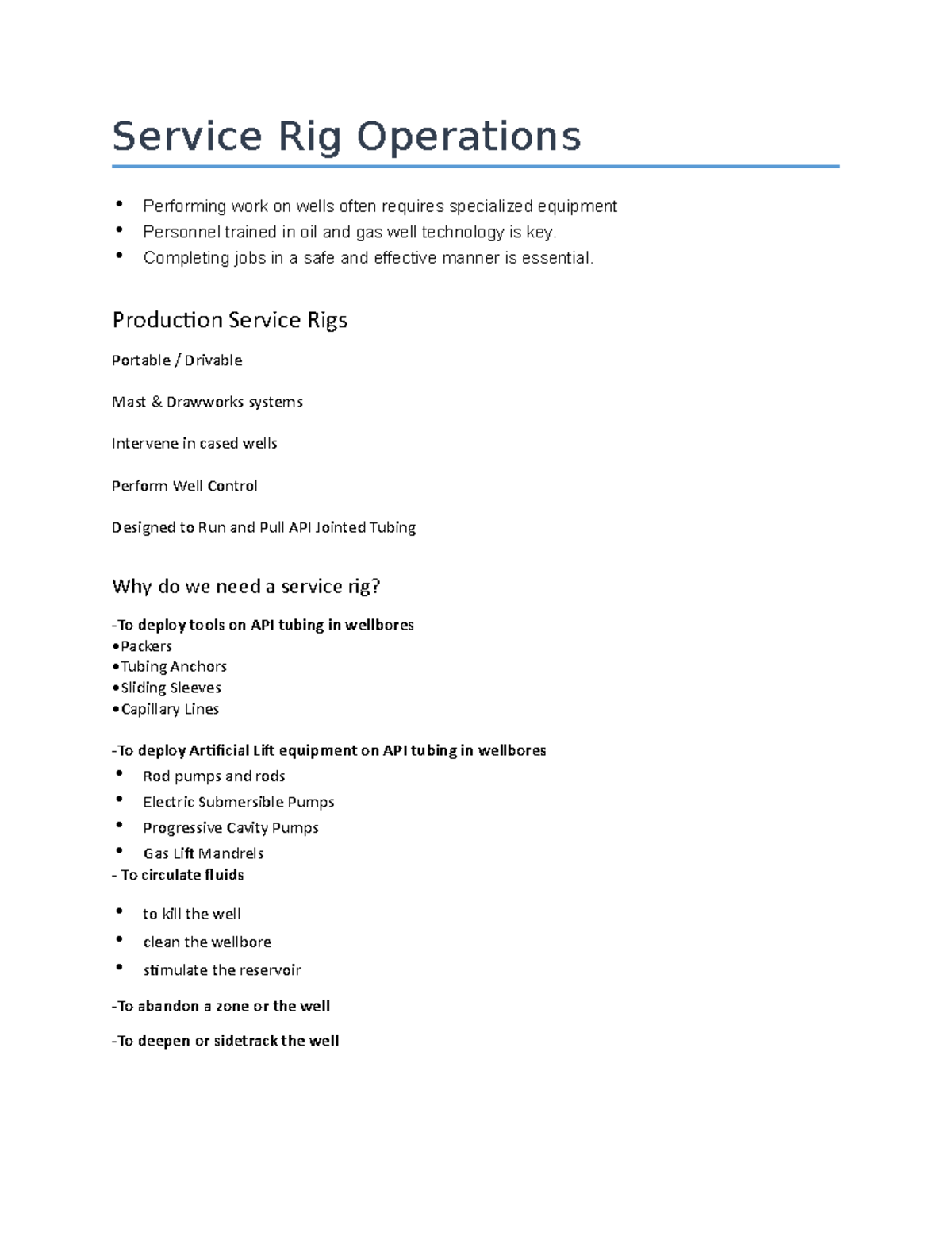 Ptpr Service rig operations - Service Rig Operations • Performing work ...