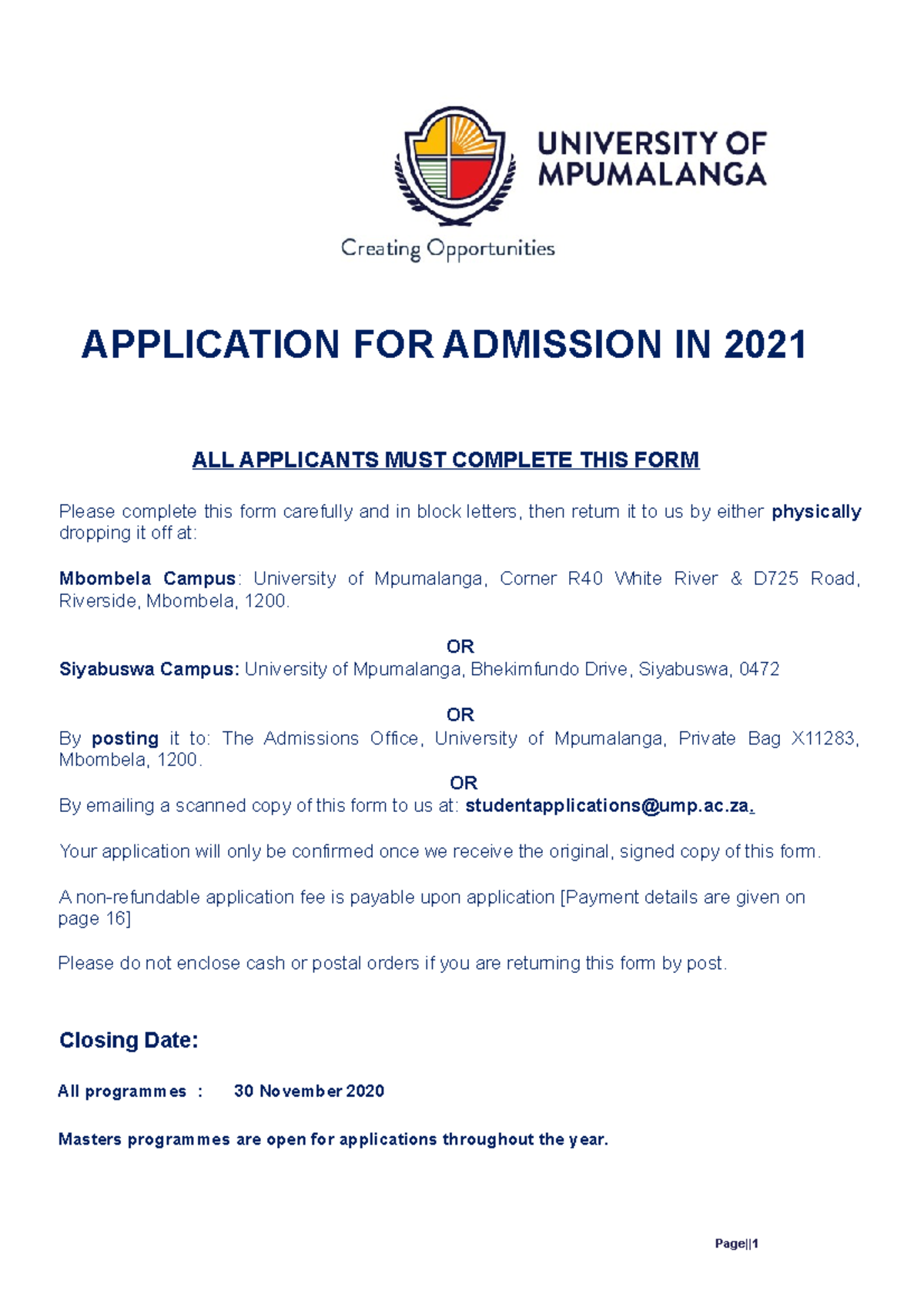 2021 UMP Application FORM - APPLICATION FOR ADMISSION IN 2021 ALL ...