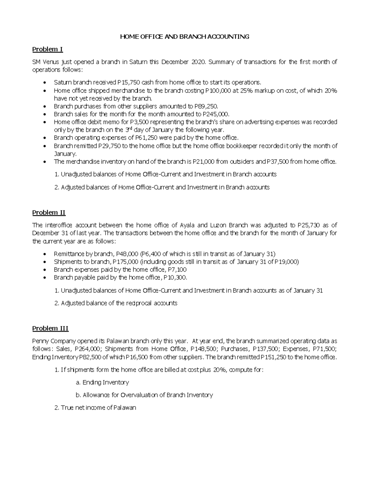 Pdfcoffee - Lecture notes - HOME OFFICE AND BRANCH ACCOUNTING Problem I ...