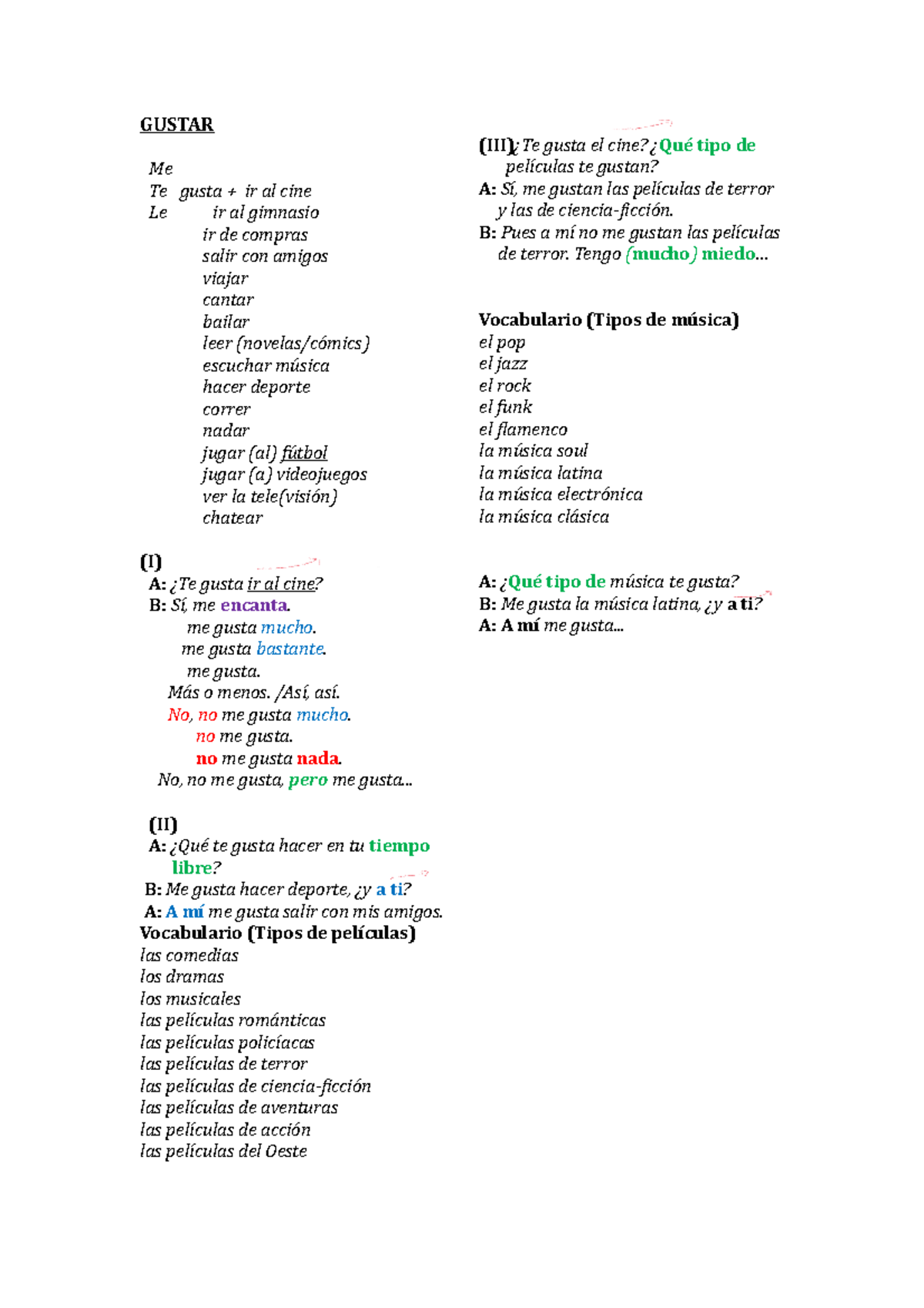 Apuntes Gustar renovados - GUSTAR Me Te gusta + ir al cine Le ir al ...
