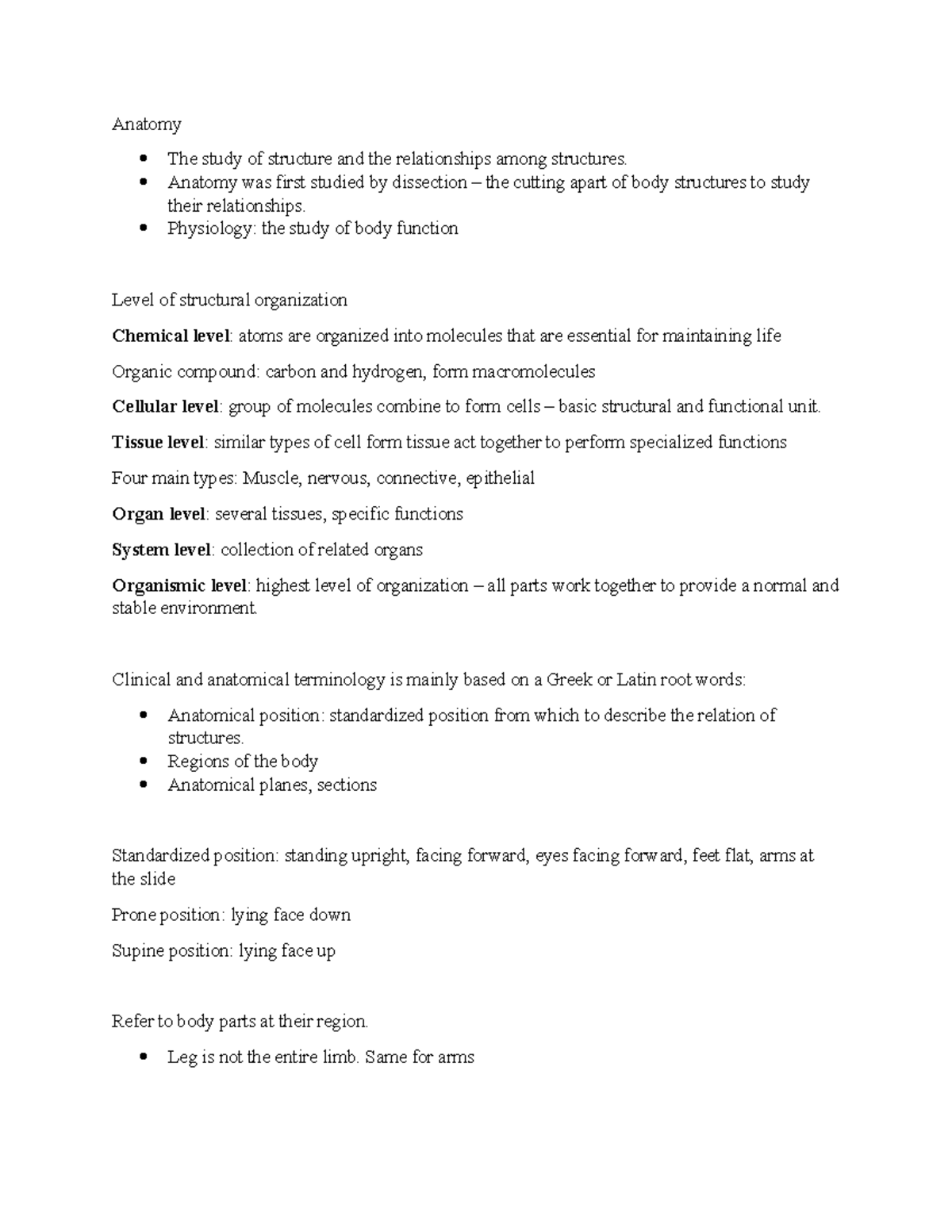 ANAT 1020 Introduction - Anatomy The study of structure and the ...