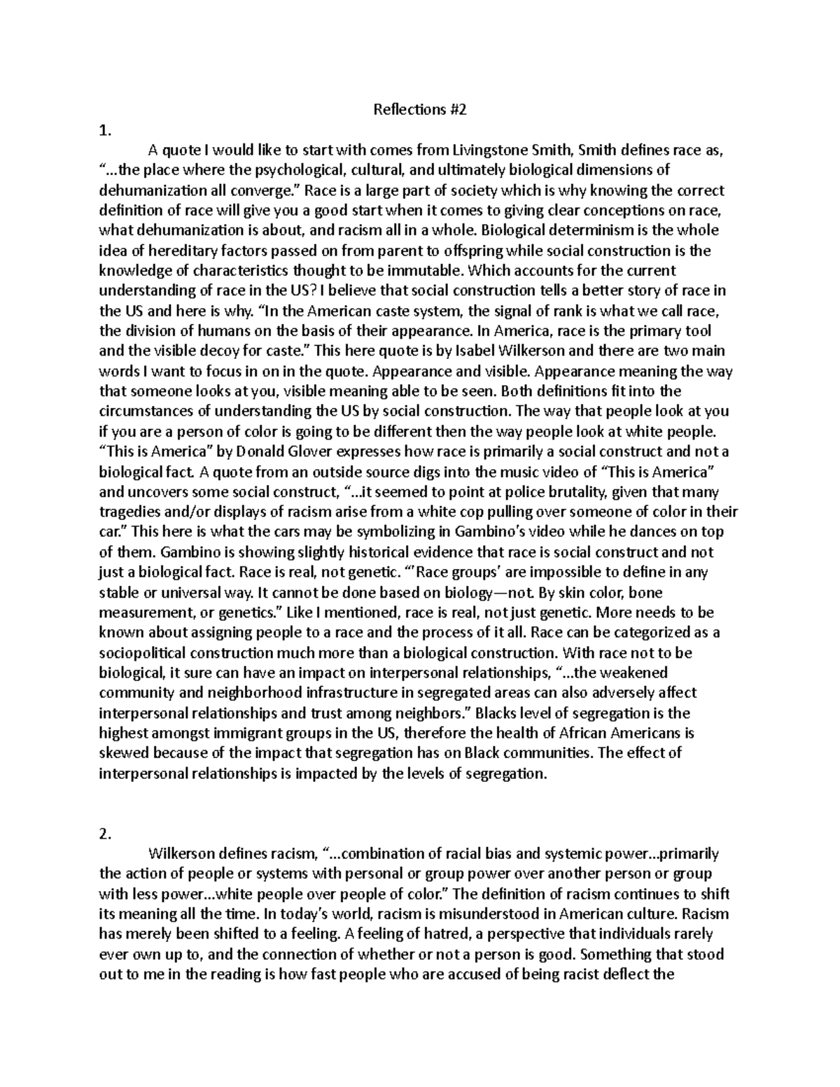 Phil of Race Reflection - Reflections # 1. A quote I would like to start with comes from ...