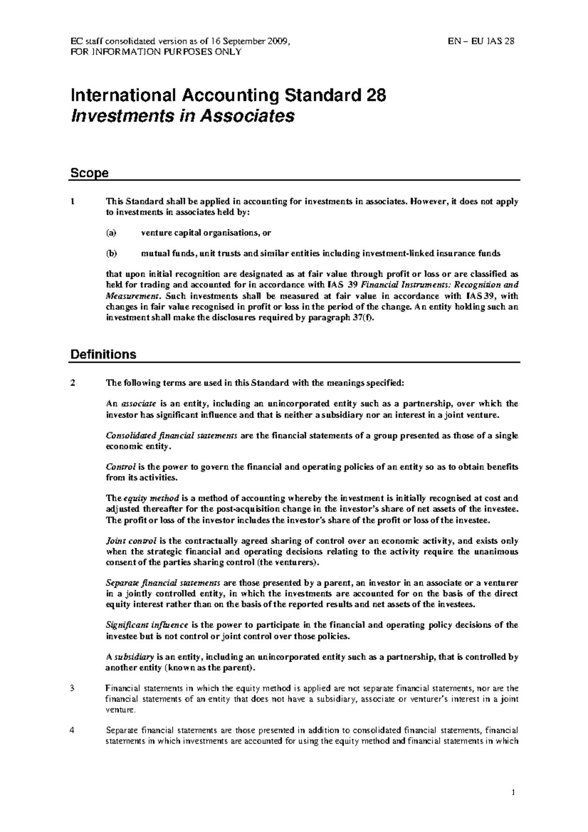 IAS 28 Investment In Associates FOR INFORMATION PURPOSES ONLY