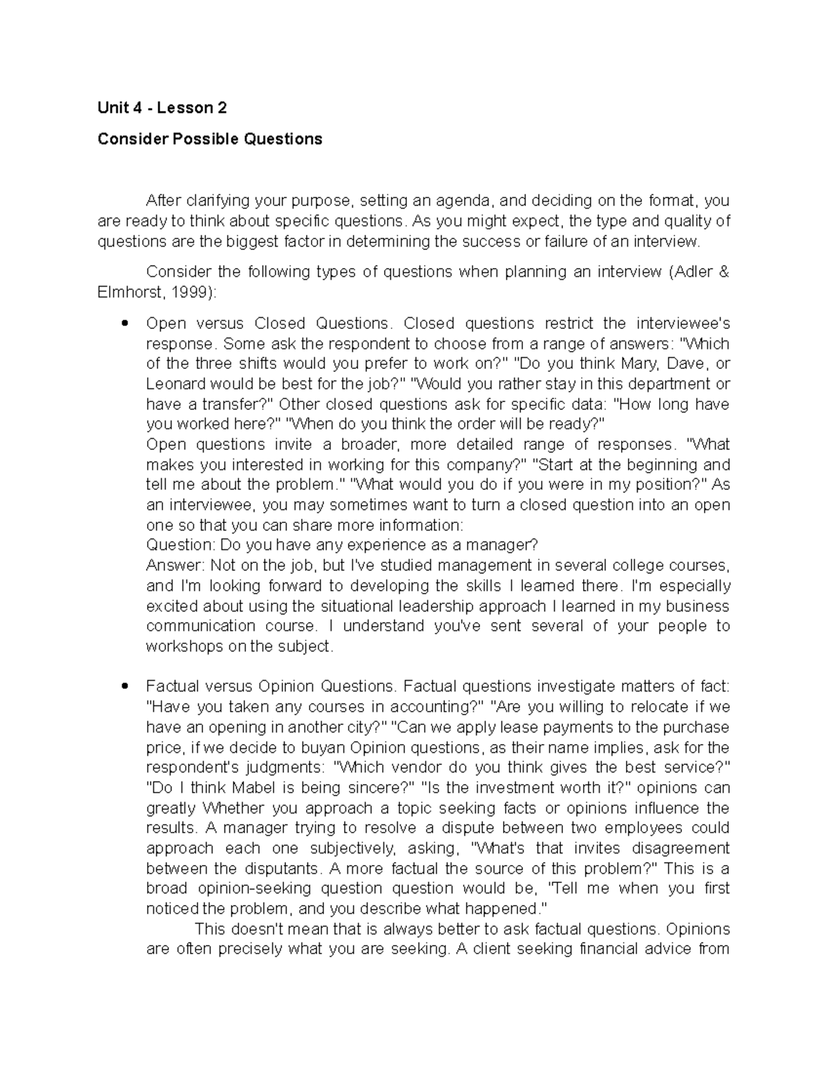 Consider Possible Questions And Identify And Analyze The Other Party