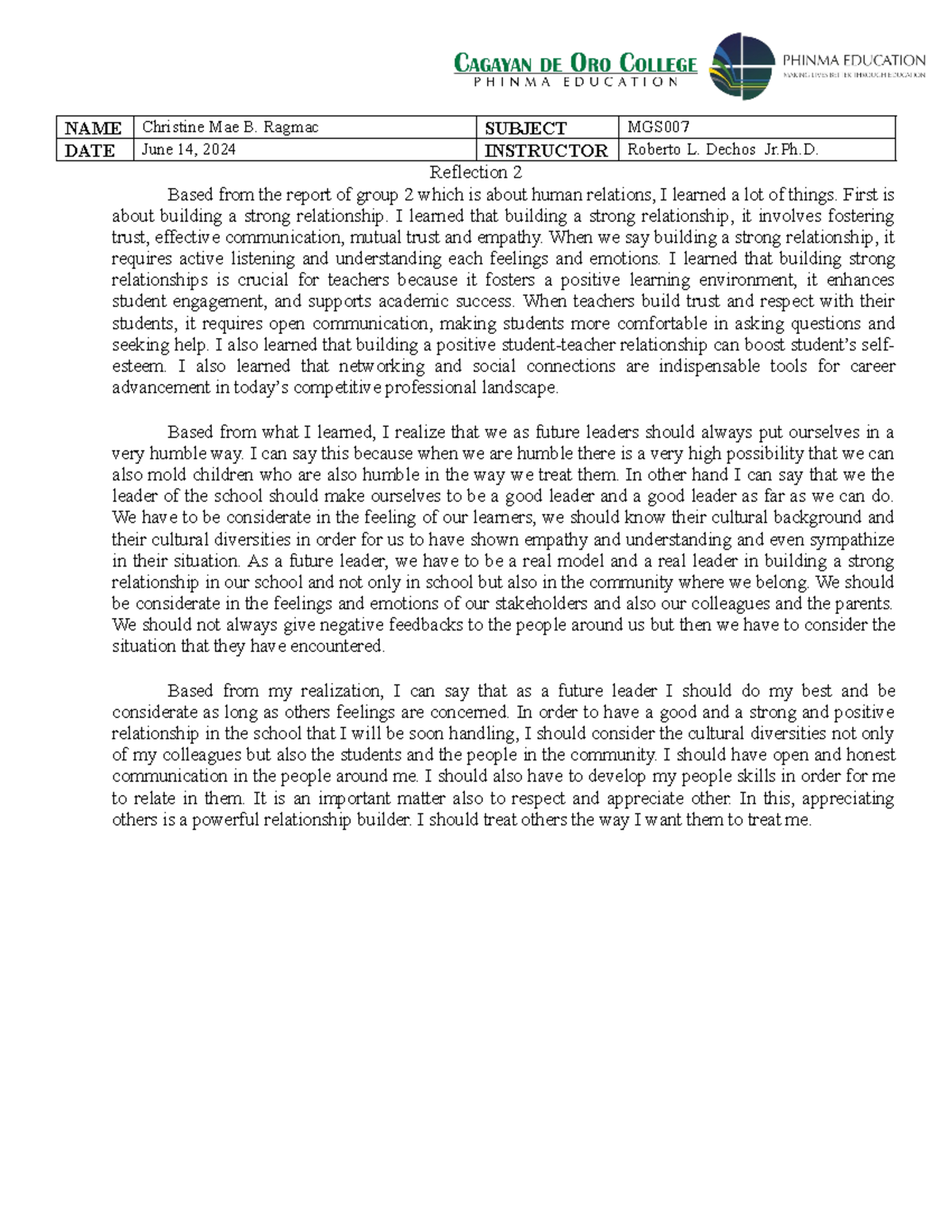 Ragmac Christine MAE MGS007 Reflection 2 - NAME Christine Mae B. Ragmac ...