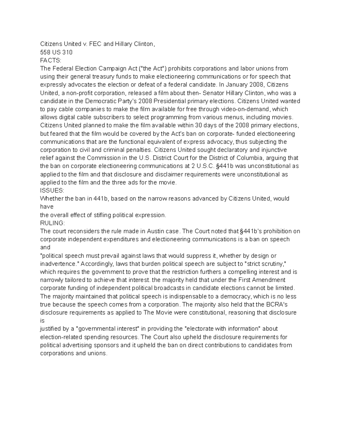 Citizens United v. FEC - Digest - Citizens United v. FEC and Hillary ...