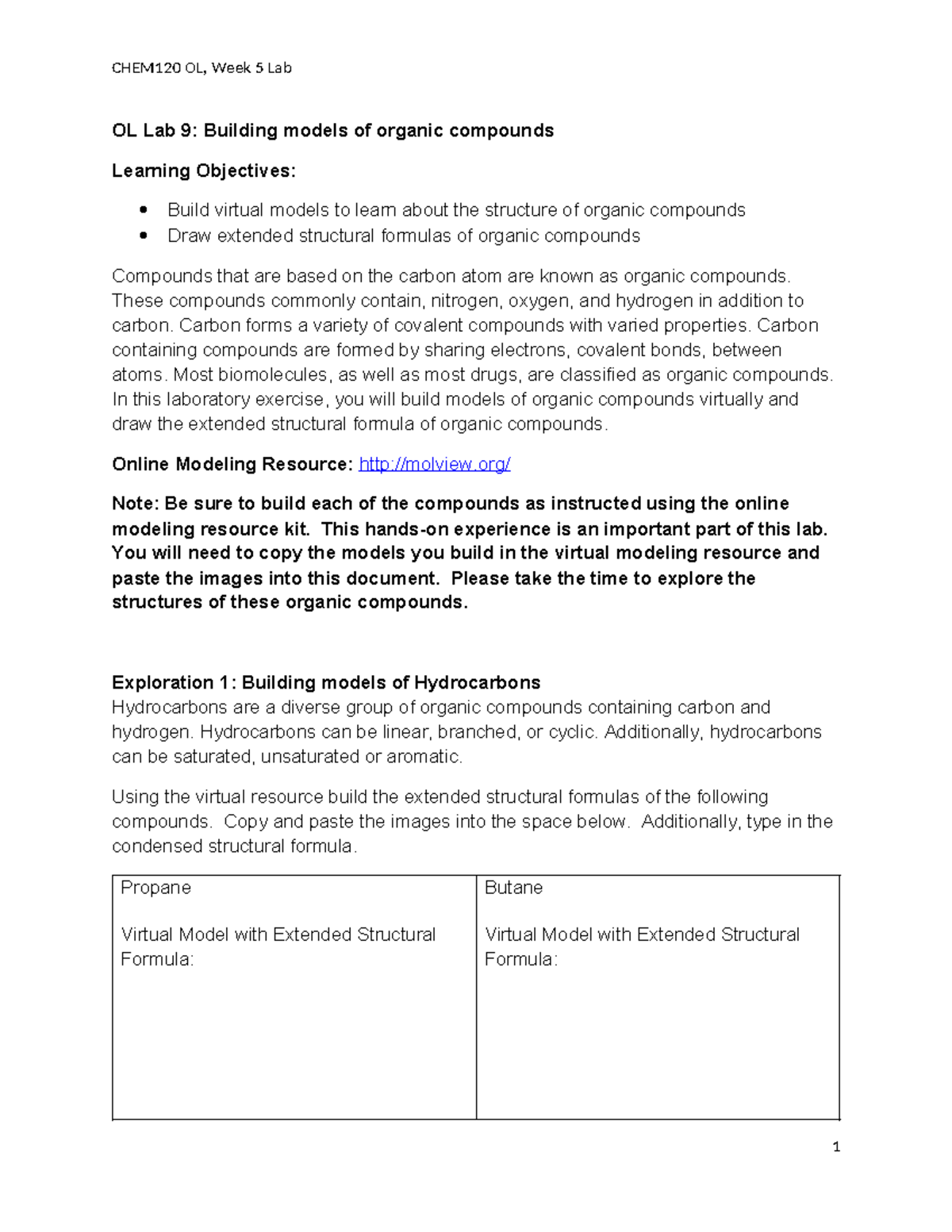 Chem120 Week 5 lab - OL Lab 9: Building models of organic compounds ...