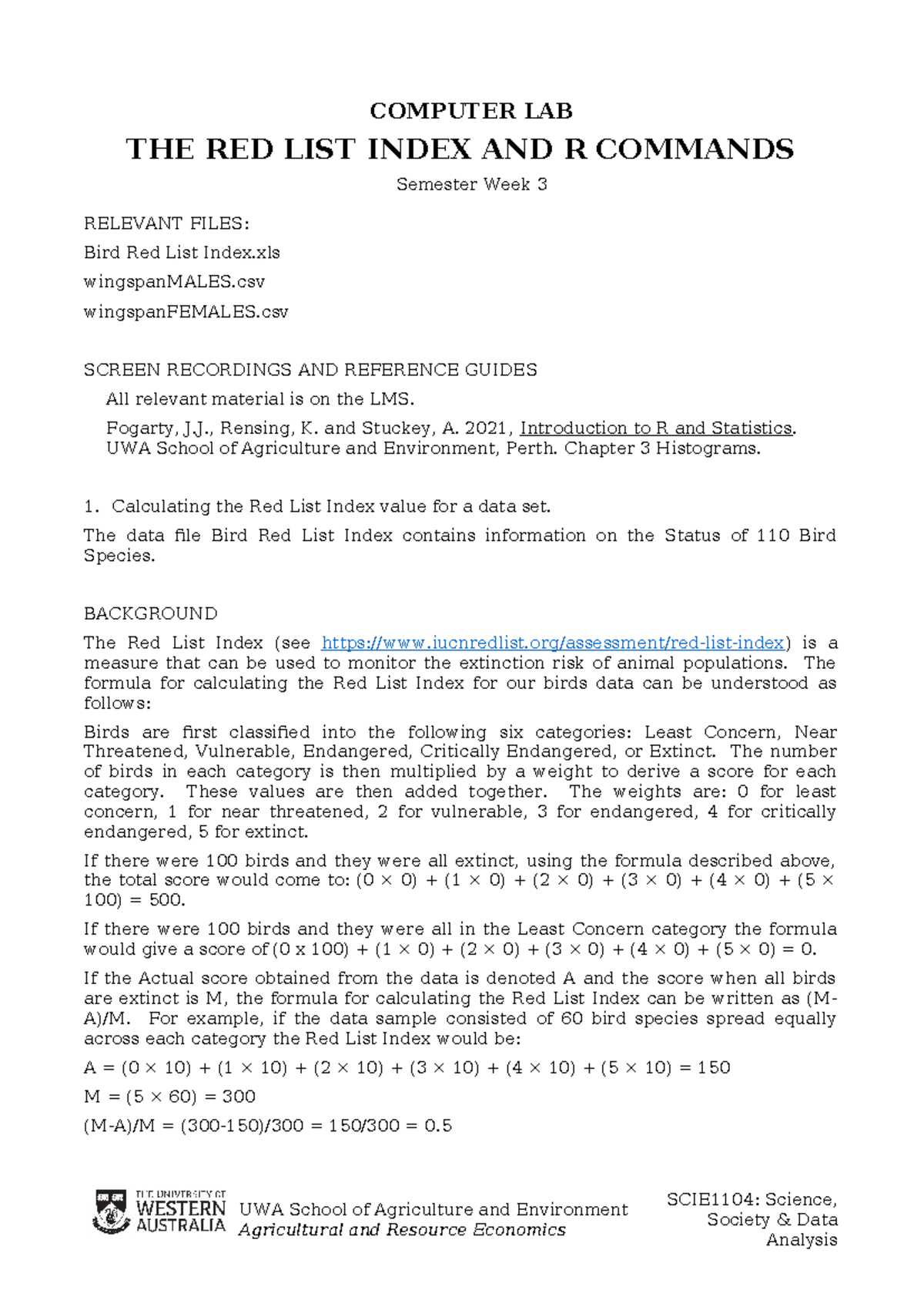 Computer Lab week 3 - Lab week 3 - COMPUTER LAB THE RED LIST INDEX AND ...