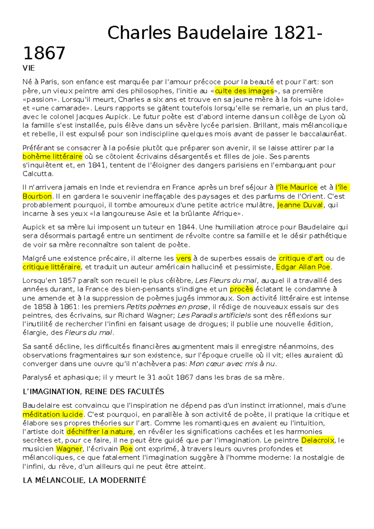 Charles baudelaire - notes de littérature française - Lingua francese ...