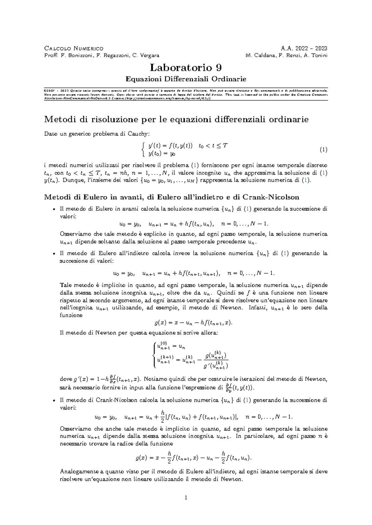 Lab09 matlab per calcolo numerico - Calcolo Numerico A. 2022 – 2023 Proff: F. Bonizzoni, F ...