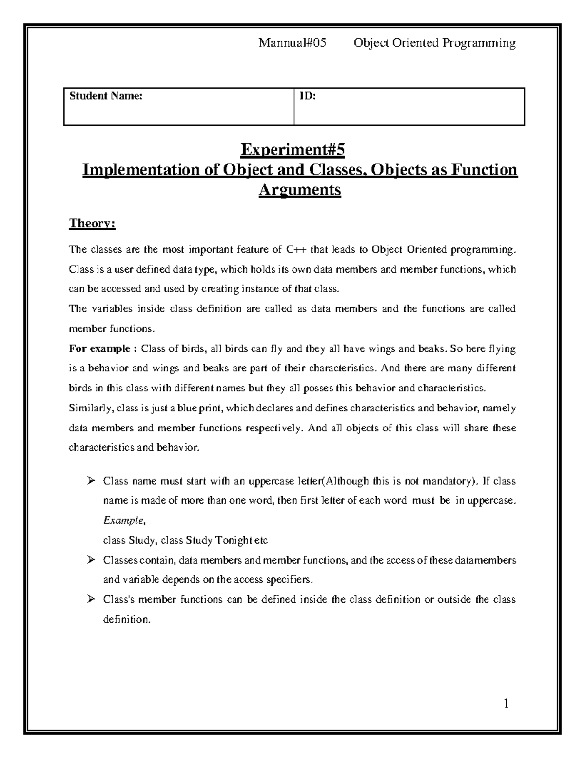 Lab 5 - Lab Manual - Student Name: ID: Experiment# 5 Implementation of Object and Classes ...
