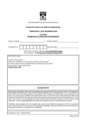 CITS1401 Final exam S1 2021 Solution LMS - DESK No. FAMILY NAME: GIVEN ...