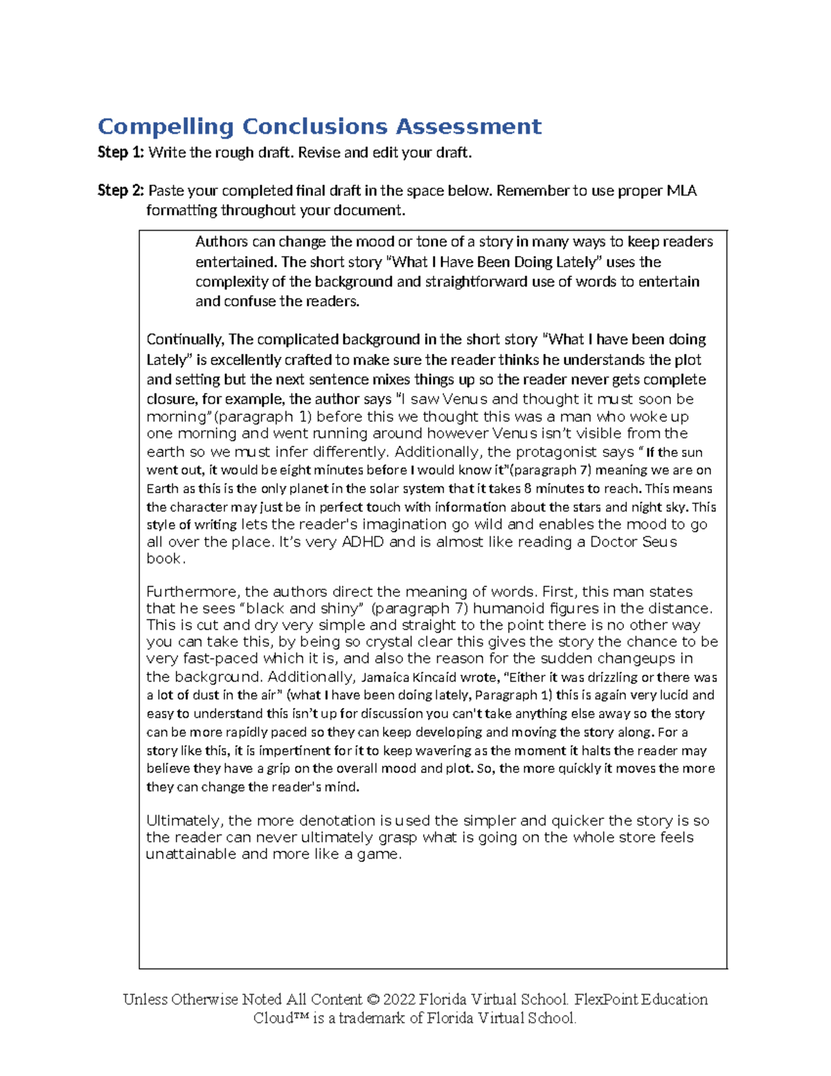 Lately - short story - Compelling Conclusions Assessment Step 1: Write ...