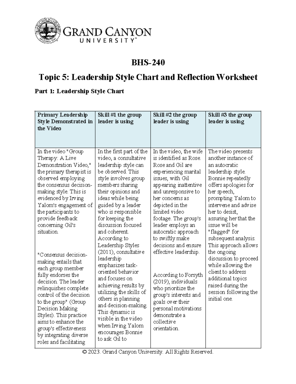 BHS 240 RS T5 - a plus - BHS- Topic 5: Leadership Style Chart and ...
