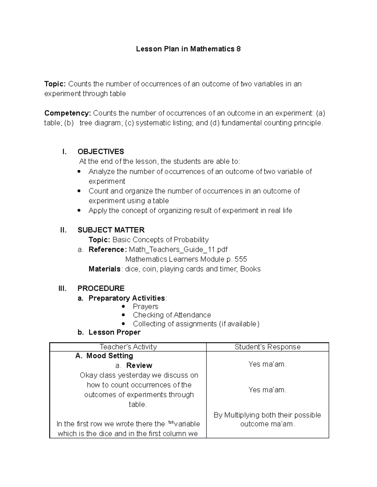 Lesson Plan in Tree diagrem - Lesson Plan in Mathematics 8 Topic ...