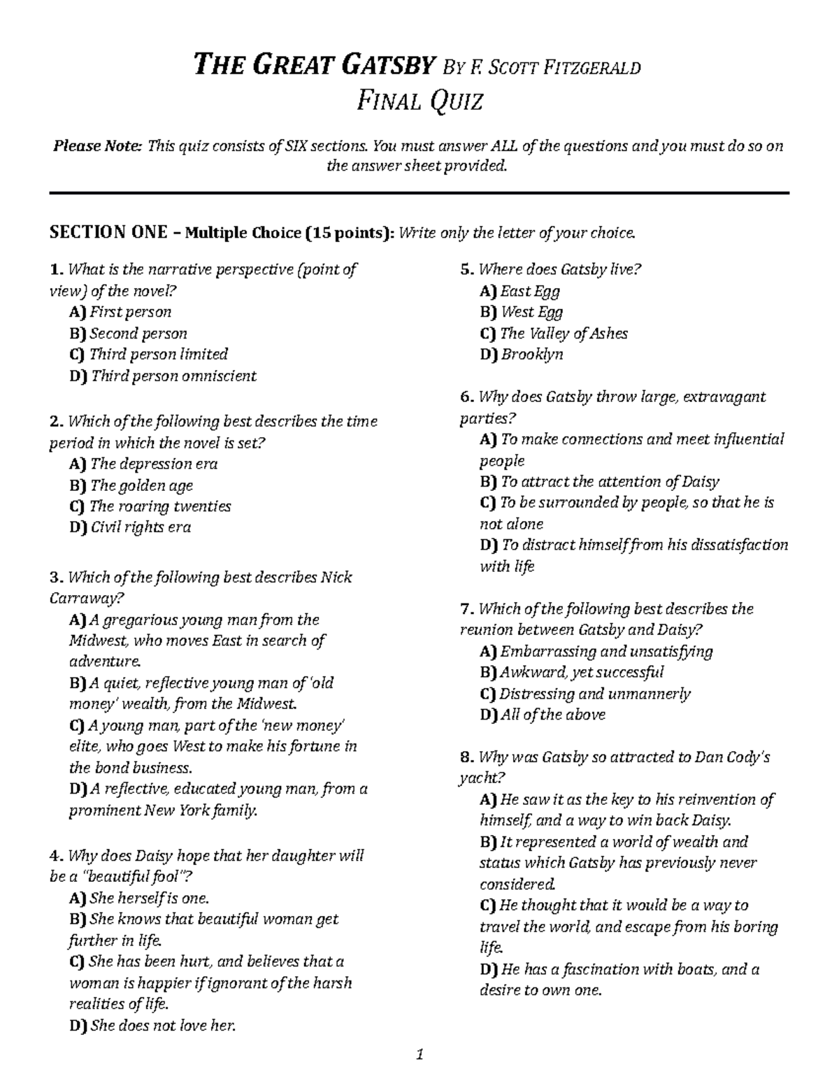 Gatsby Final Quiz - THE GREAT GATSBY BY F. SCOTT FITZGERALD FINAL QUIZ ...