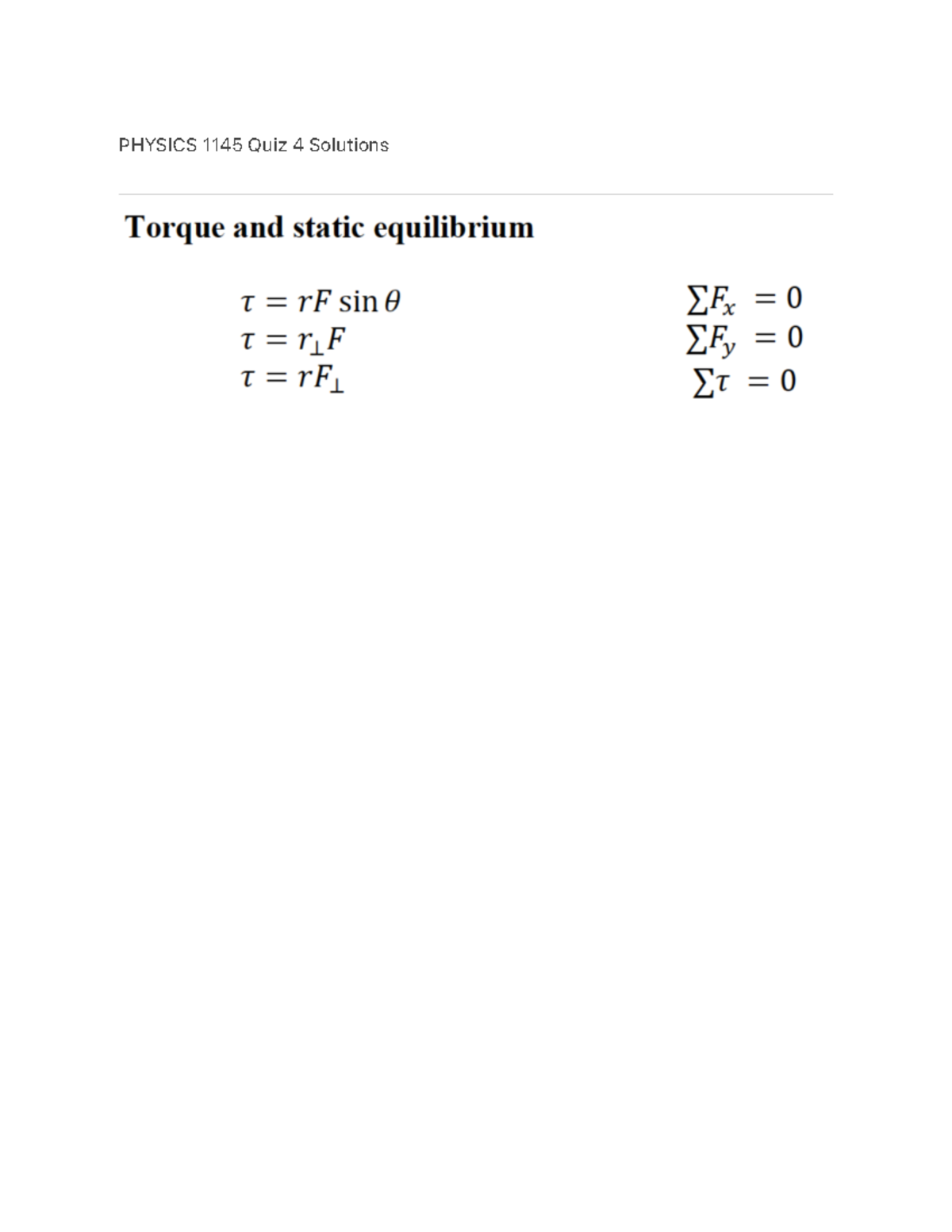 Quiz 4 torque static equilibrium - PHYSICS 1145 Quiz 4 Solutions Torque ...