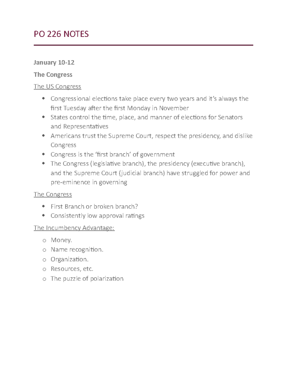 PO 226 Notes - PO 226 NOTES January 10- The Congress The US Congress ...