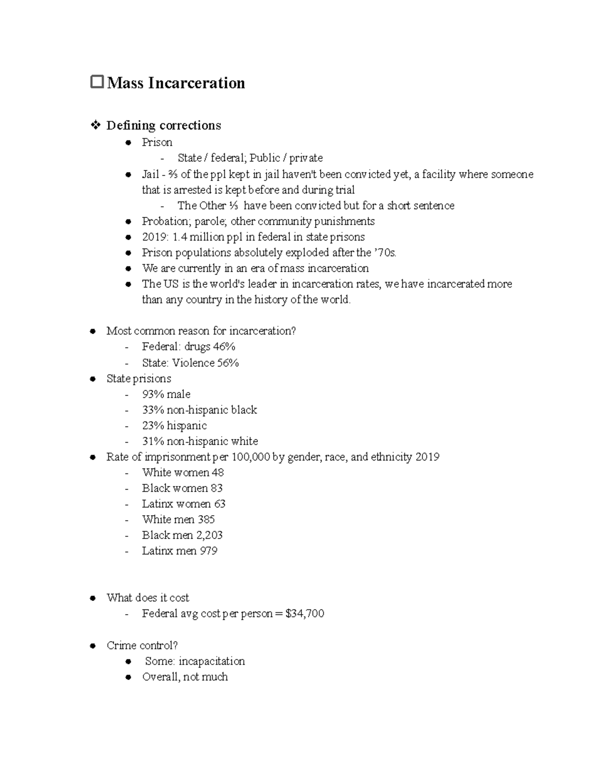CRJU203 - lecture - Mass Incarceration Defining corrections Prison ...