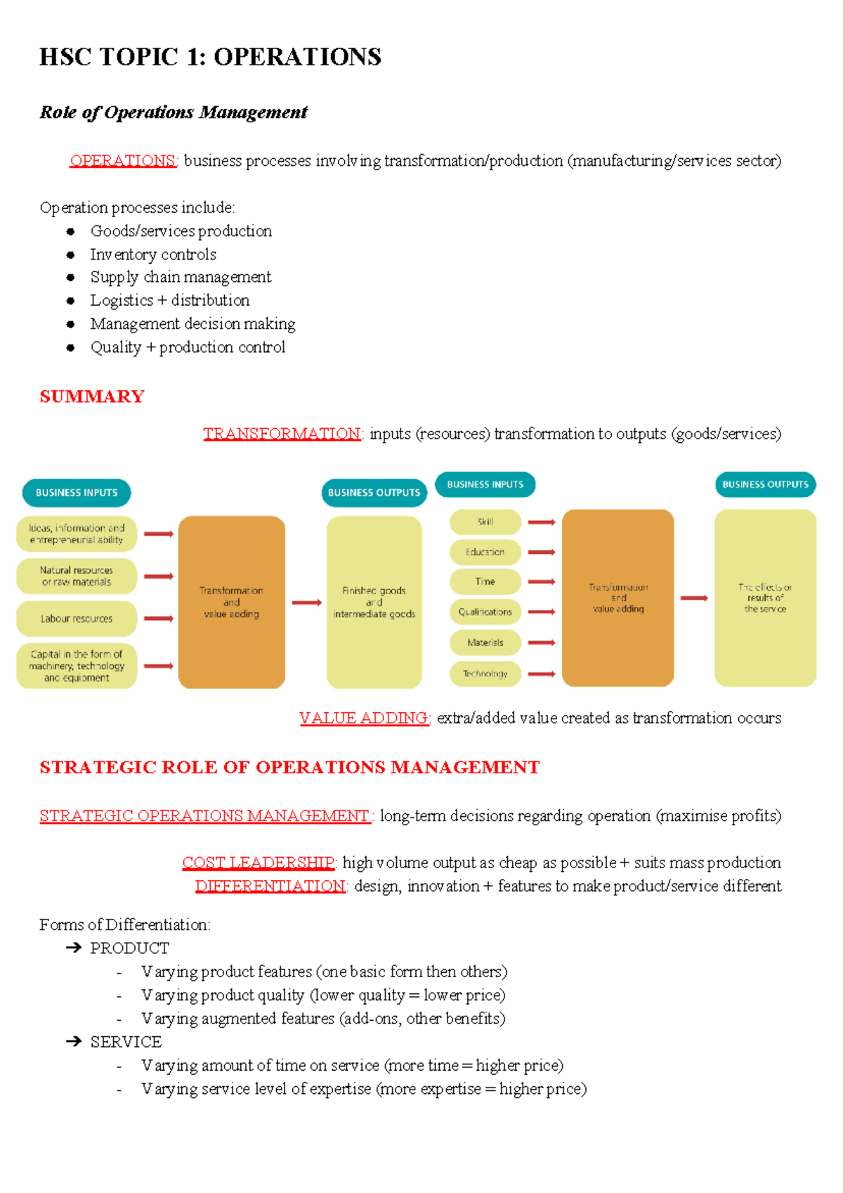 2020BUS Topic 1 Notes - HSC TOPIC 1: OPERATIONS Role of Operations ...