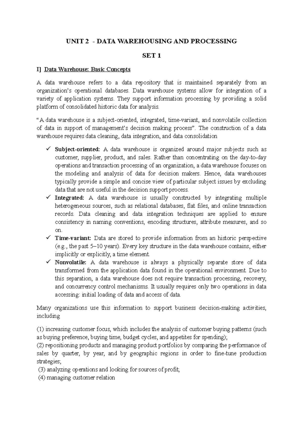 SET 1 DATA Warehousing - UNIT 2 - UNIT 2 - DATA WAREHOUSING AND PROCESSING SET 1 I] Data ...