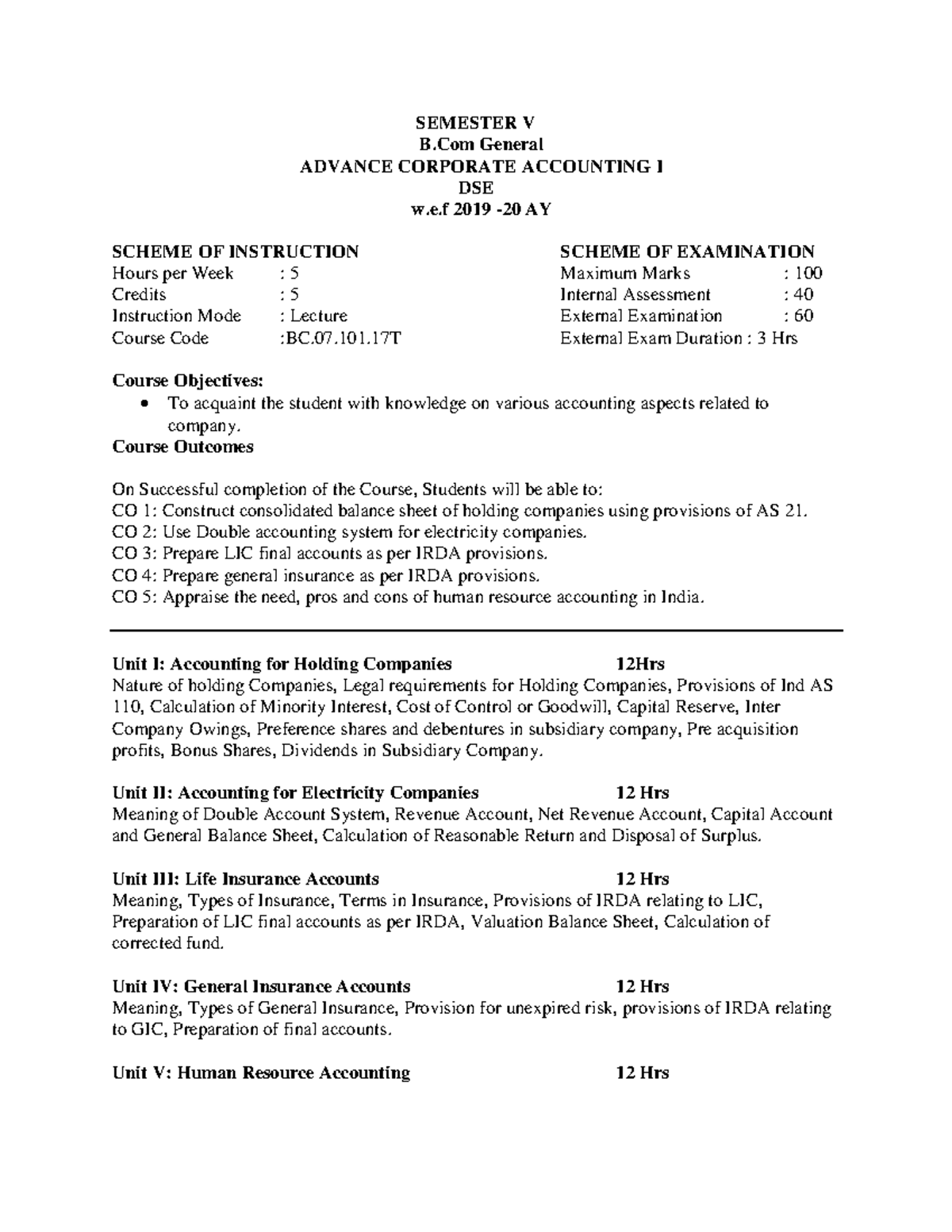 Advance Corporate Accounting Syllabus I - SEMESTER V B General ADVANCE ...