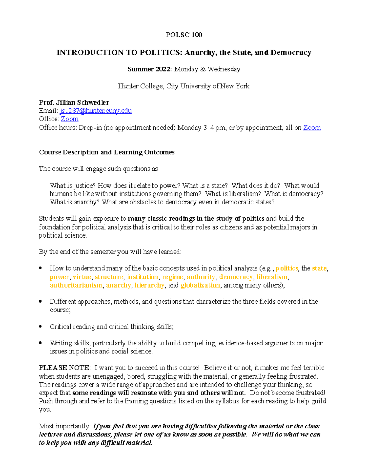 Polsc 100 Summer 2022 - syllabus - POLSC 100 INTRODUCTION TO POLITICS: Anarchy, the State, and ...