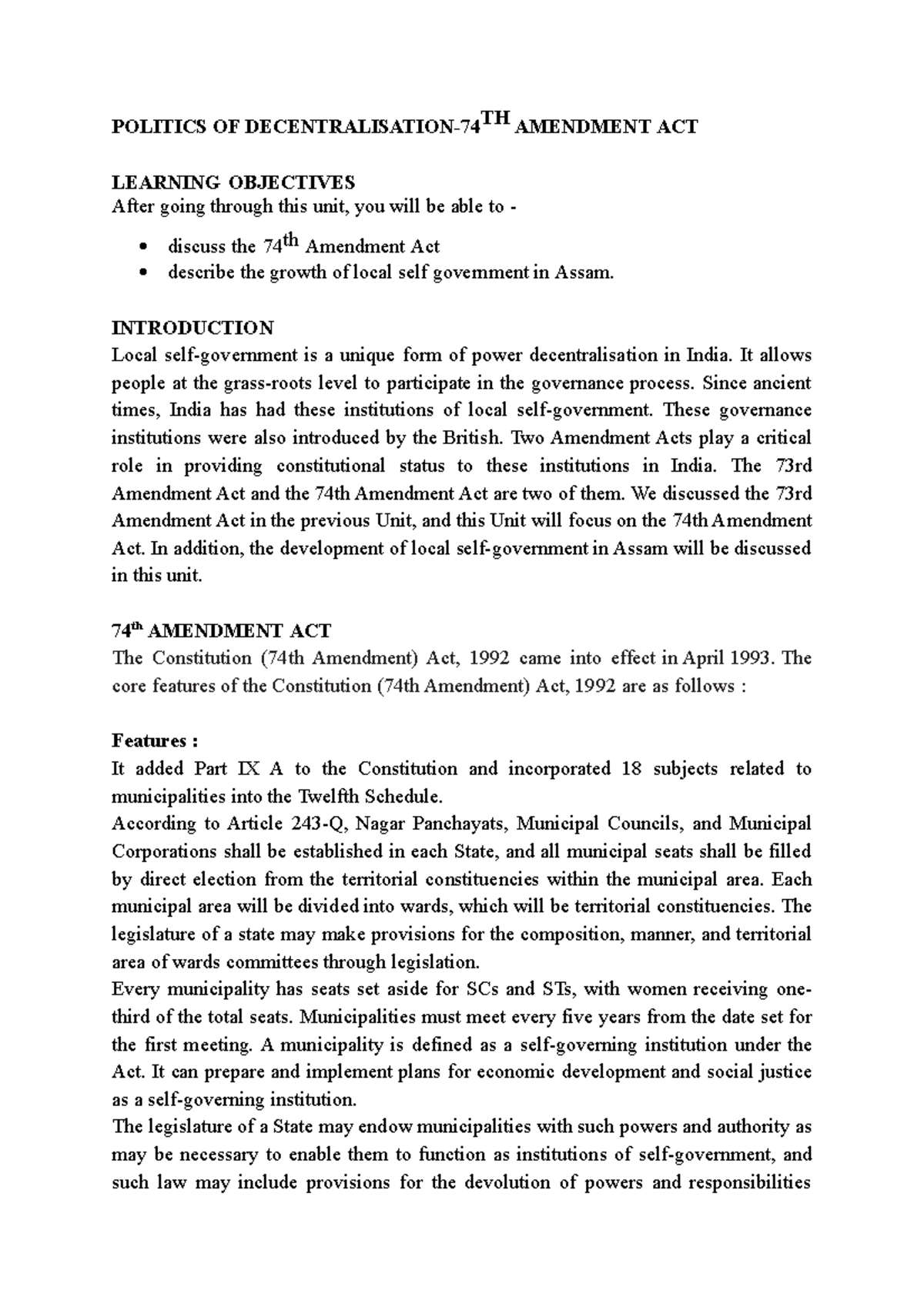 Politics OF Decentralisation-74TH Amendment ACT - POLITICS OF ...