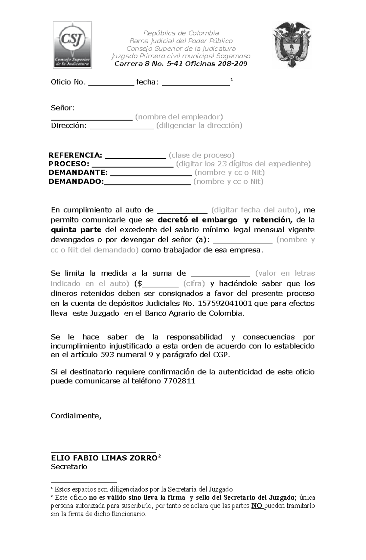 Oficio Modelo Embargo de Salario - República de Colombia Rama Judicial ...