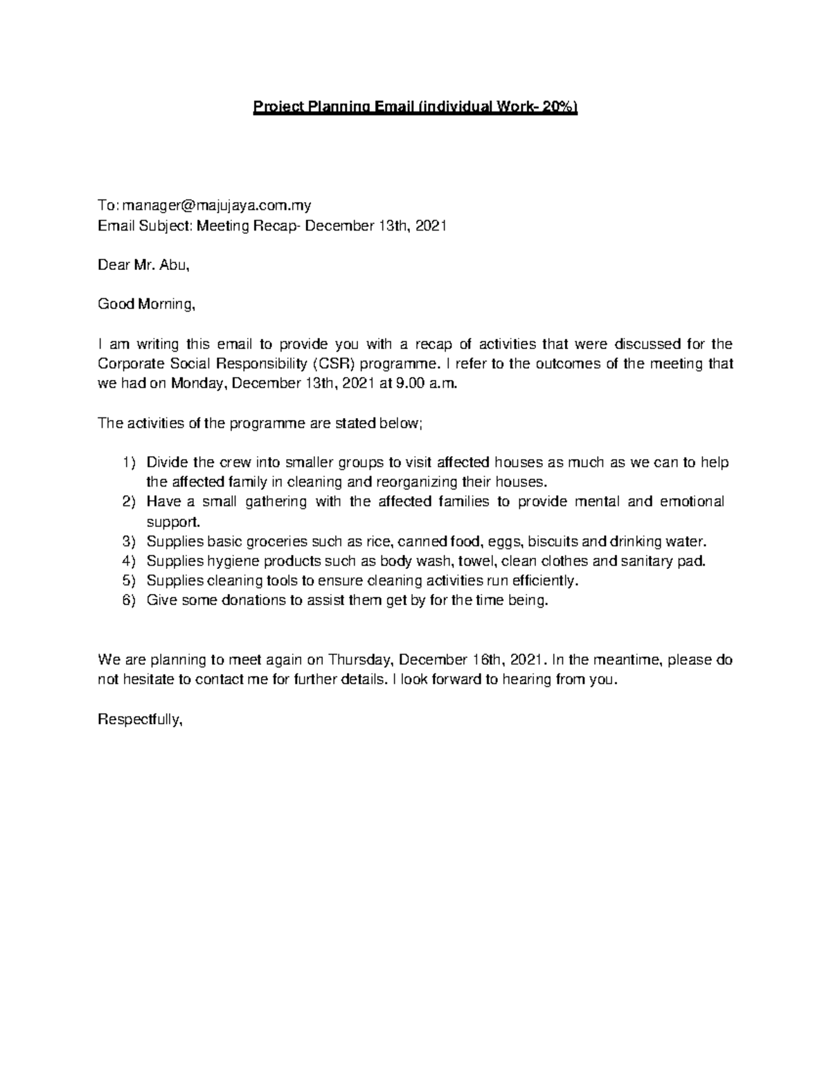 Project Planning Email - com Email Subject: Meeting Recap- December ...