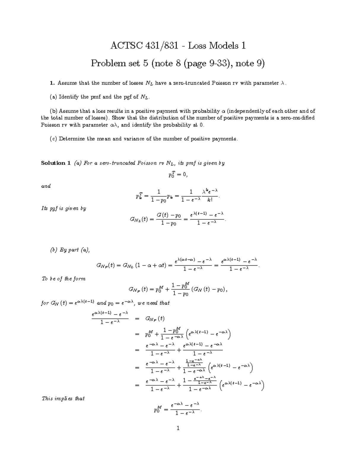 Pdf - lecture notes - ACTSC 431/831 - Loss Models 1 Problem set 5 (note ...