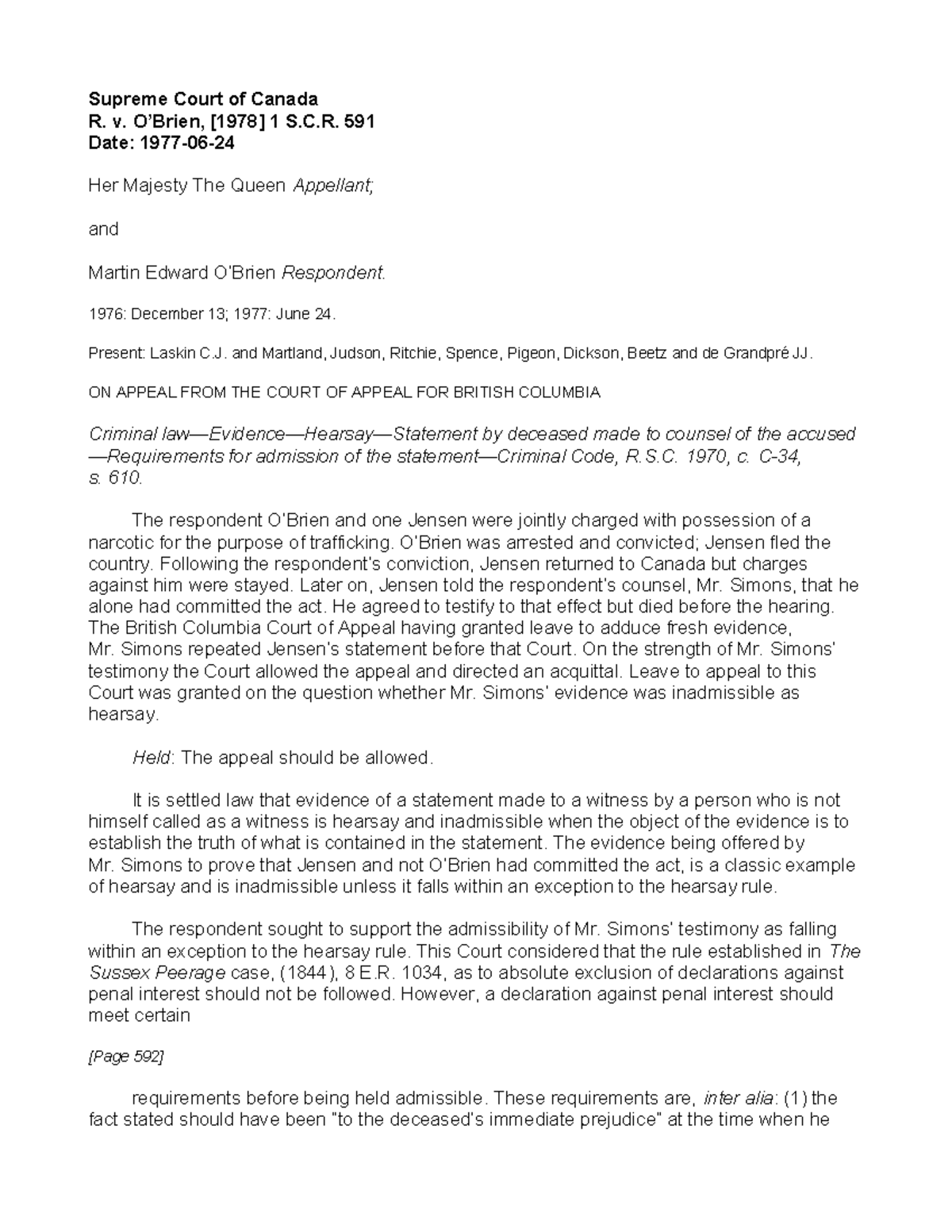 1978scr1 591-e - Scc Legal case - Supreme Court of Canada R. v. O’Brien ...