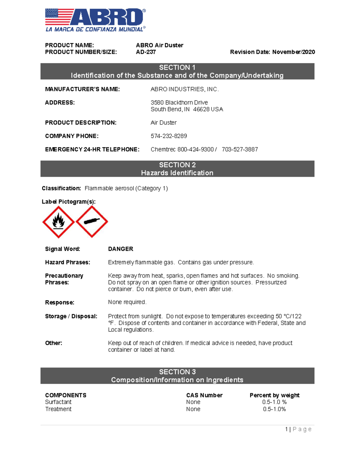 MSDS AD-237 - MSDS - PRODUCT NAME: ABRO Air Duster PRODUCT NUMBER/SIZE ...